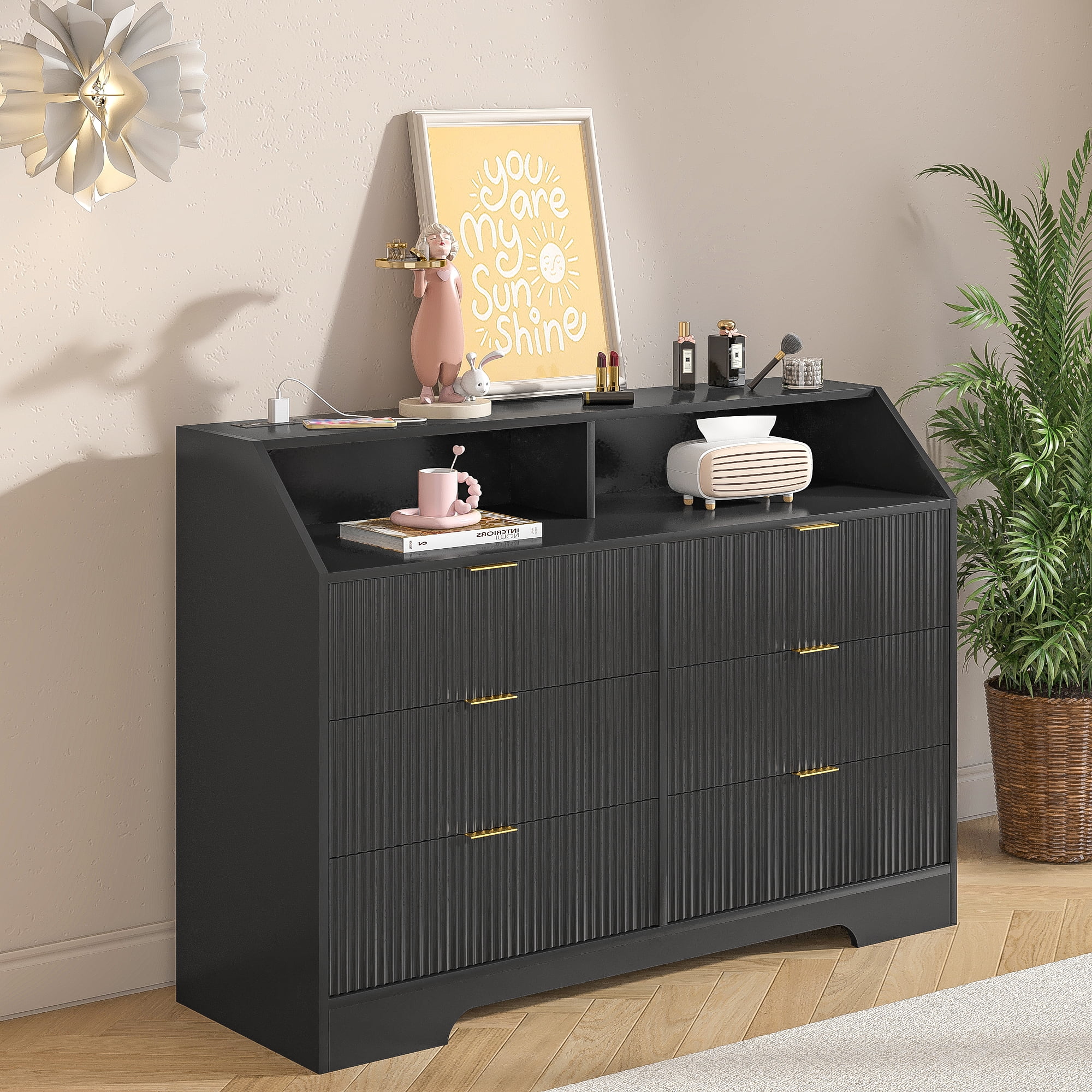 Fiogmub 6 Drawer Dresser with Power Outlet, Modern Chest of Drawers ...