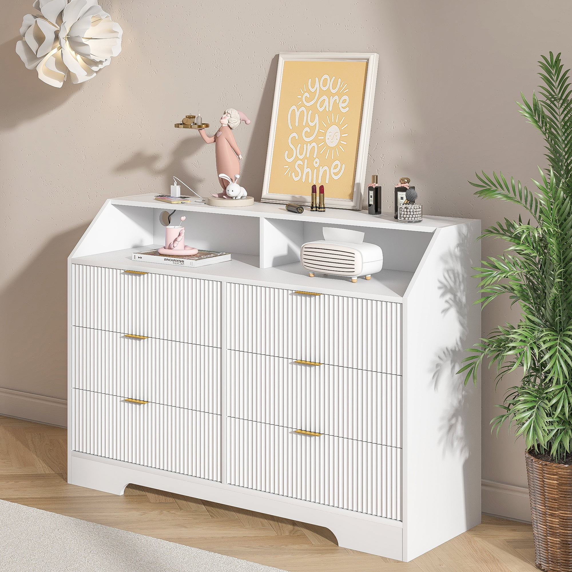 Fiogmub 6 Drawer Dresser with Power Outlet, Modern Chest of Drawers ...