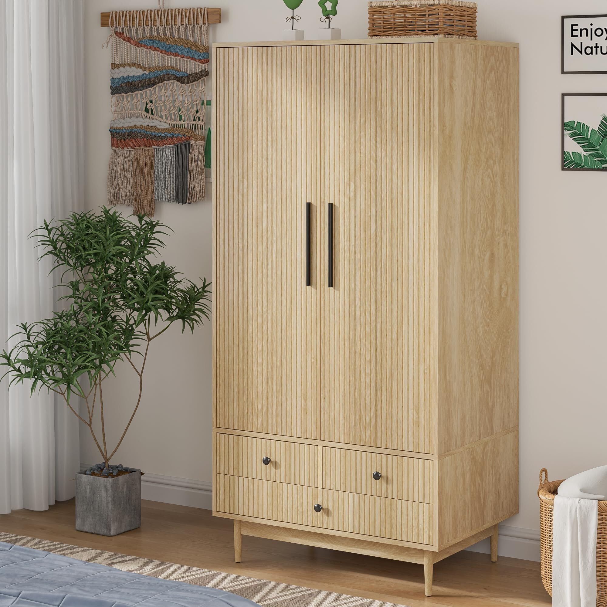 Fiogmub Armoire Wardrobe Closet with 2 Fluted Doors, Wooden Clothes ...