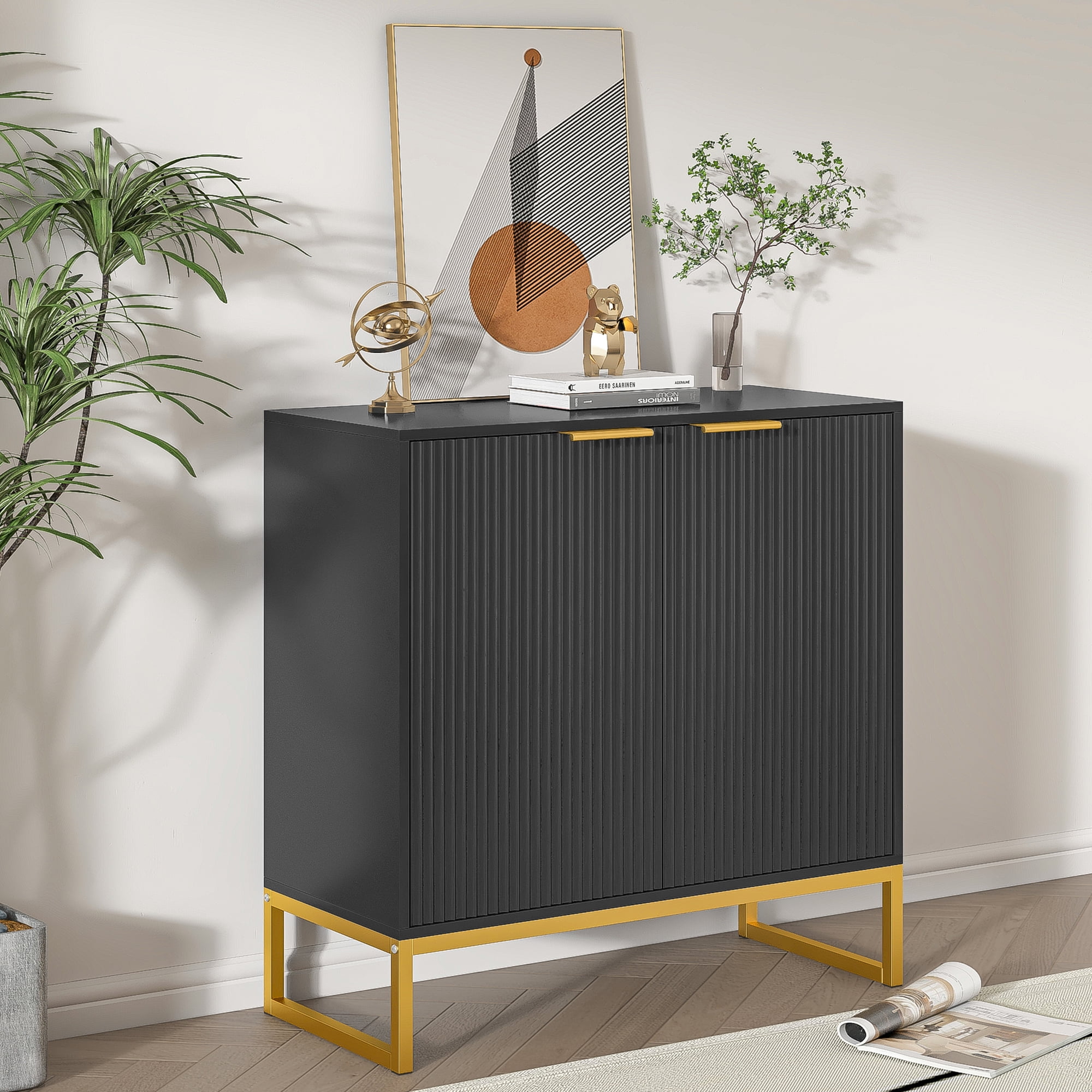 Fiogmub Black Fluted Accent Cabinet Mid Century Modern Sideboard Buffets Cabinet Buffet ...