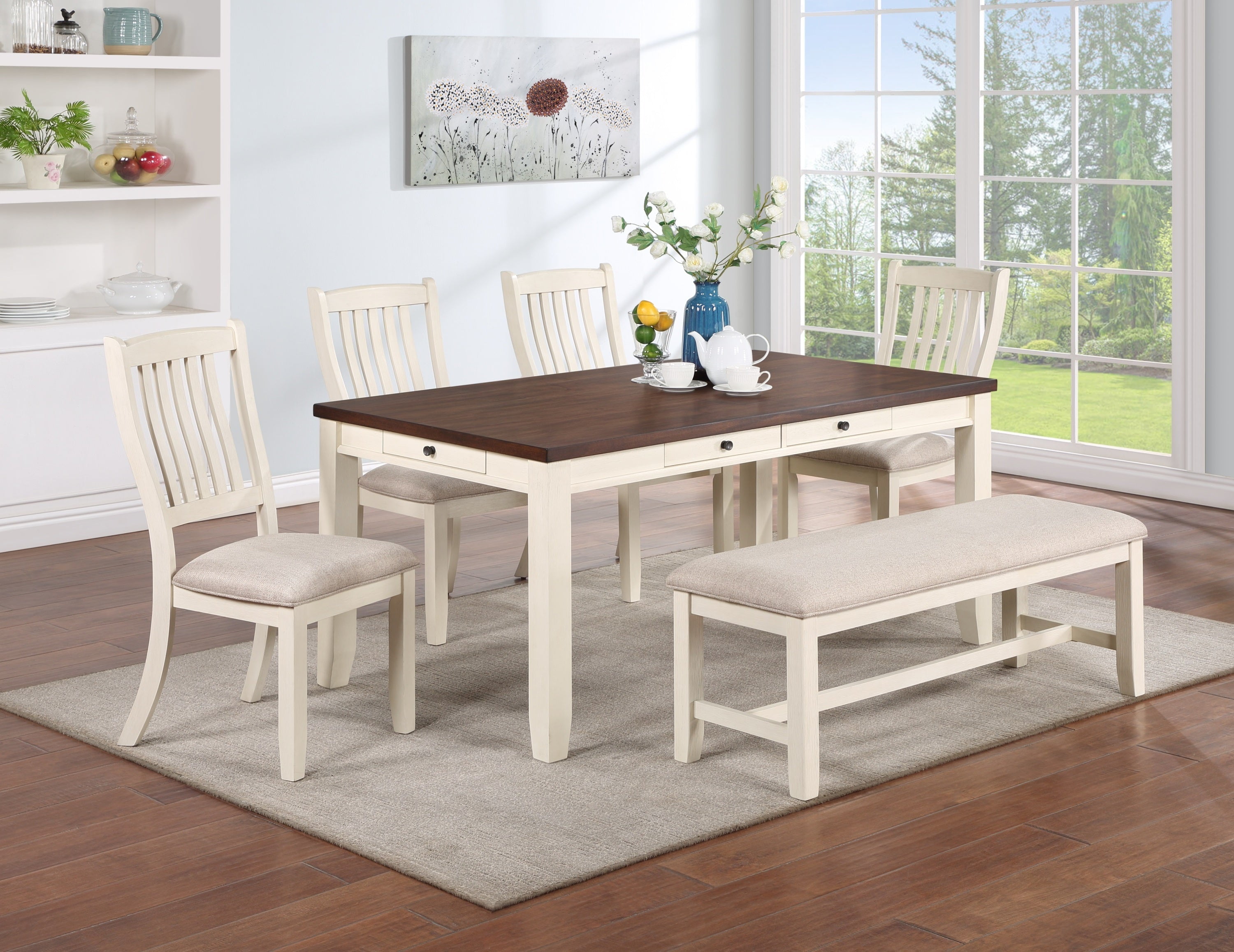Fiona 6pc Dining Set Dining Table w Drawers 4x Side Chairs 1x Bench - White - Walmart.com