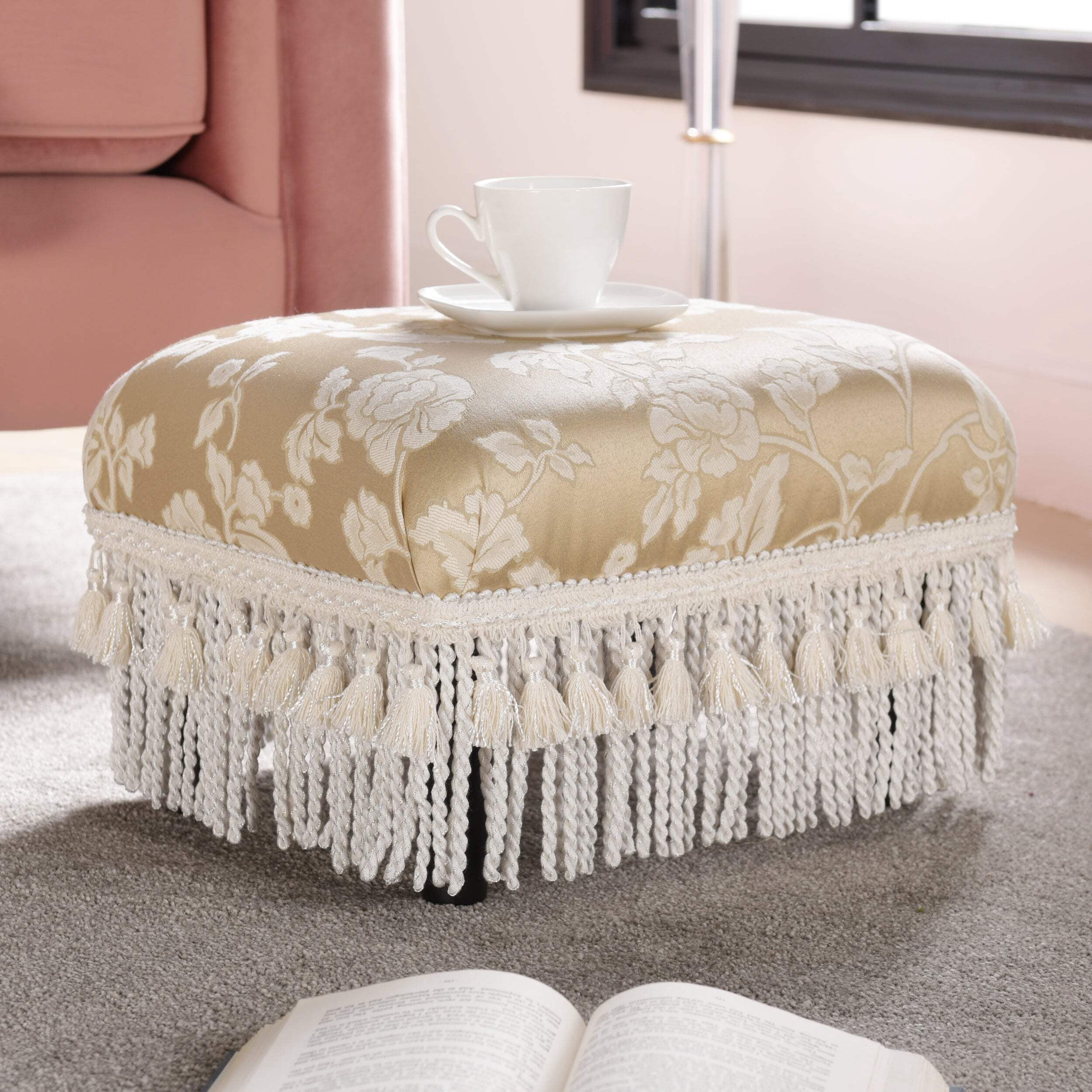 Fiona Accent Footstool Ottoman, Champagne Beige Floral Jacquard Beige ...