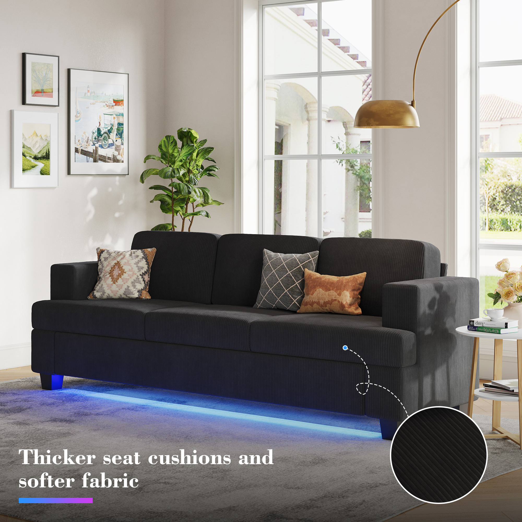 Fiona's 89" Black Magic Corduroy 3-Seater Deep-Seat Floor Couch ...