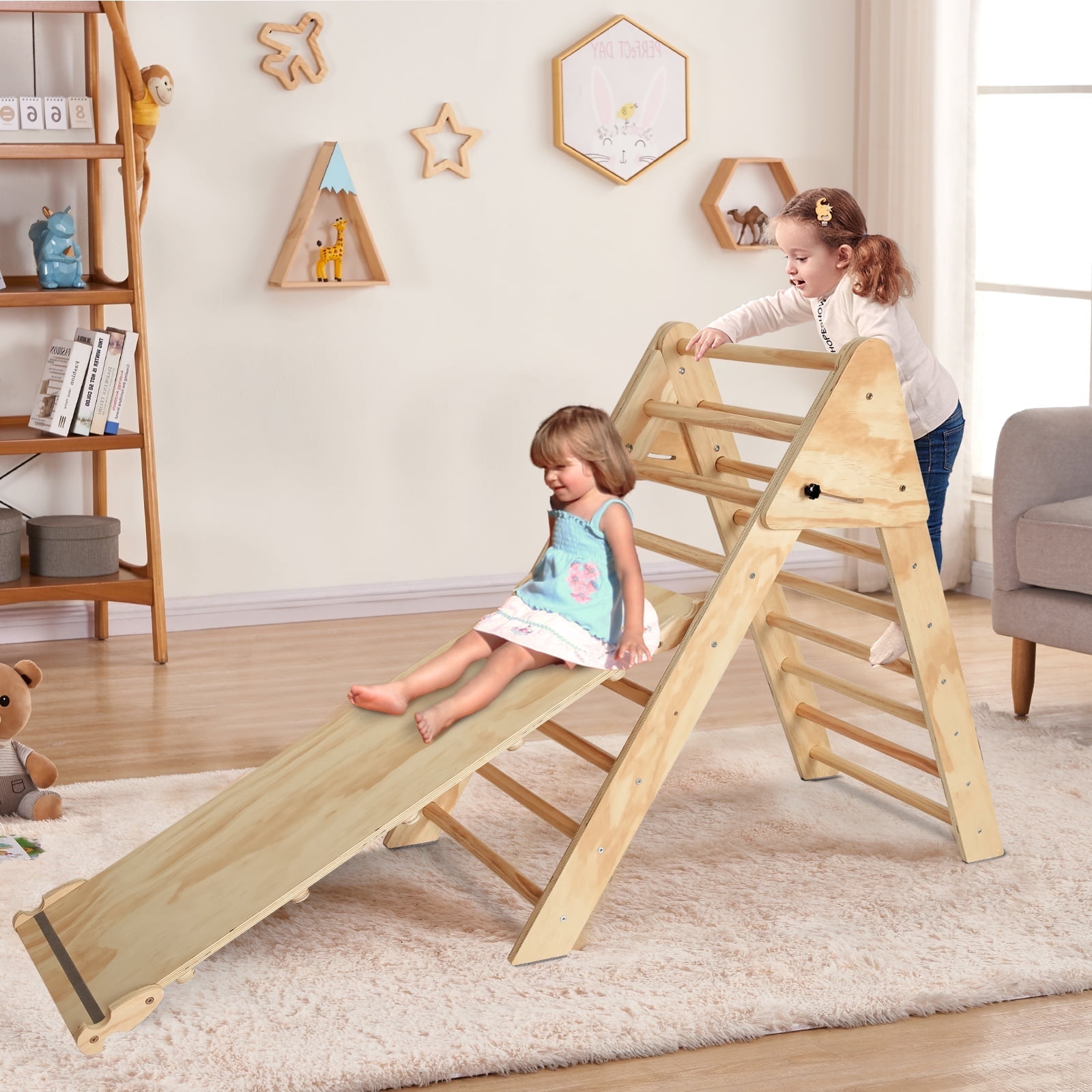 Fionafurn 2-in-1 Wood Climbing Toy,Reversible Slide, Triangle Indoor ...