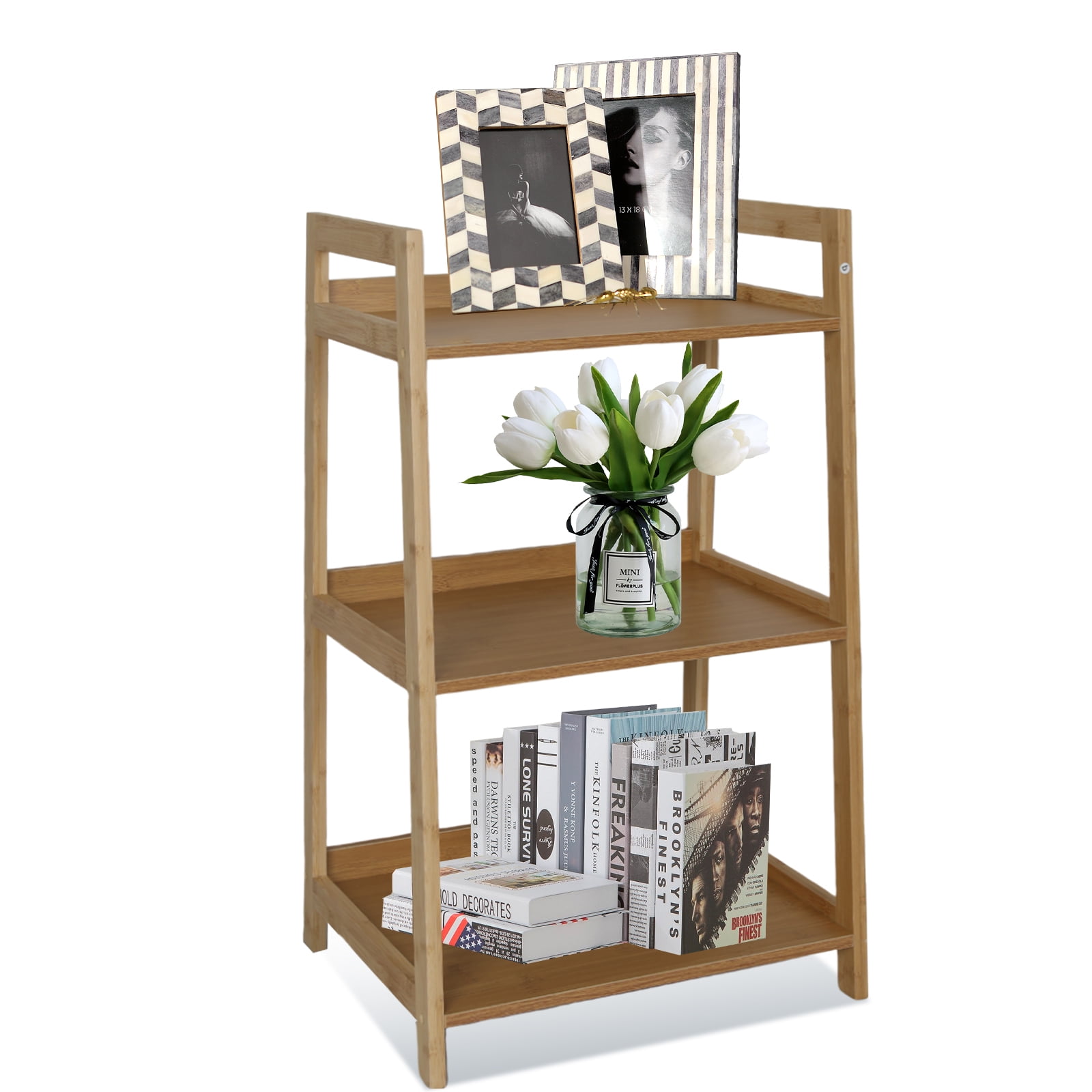 Fionafurn 3 Tier Ladder Bookshelf, Wood Open Display Shelf Storage ...