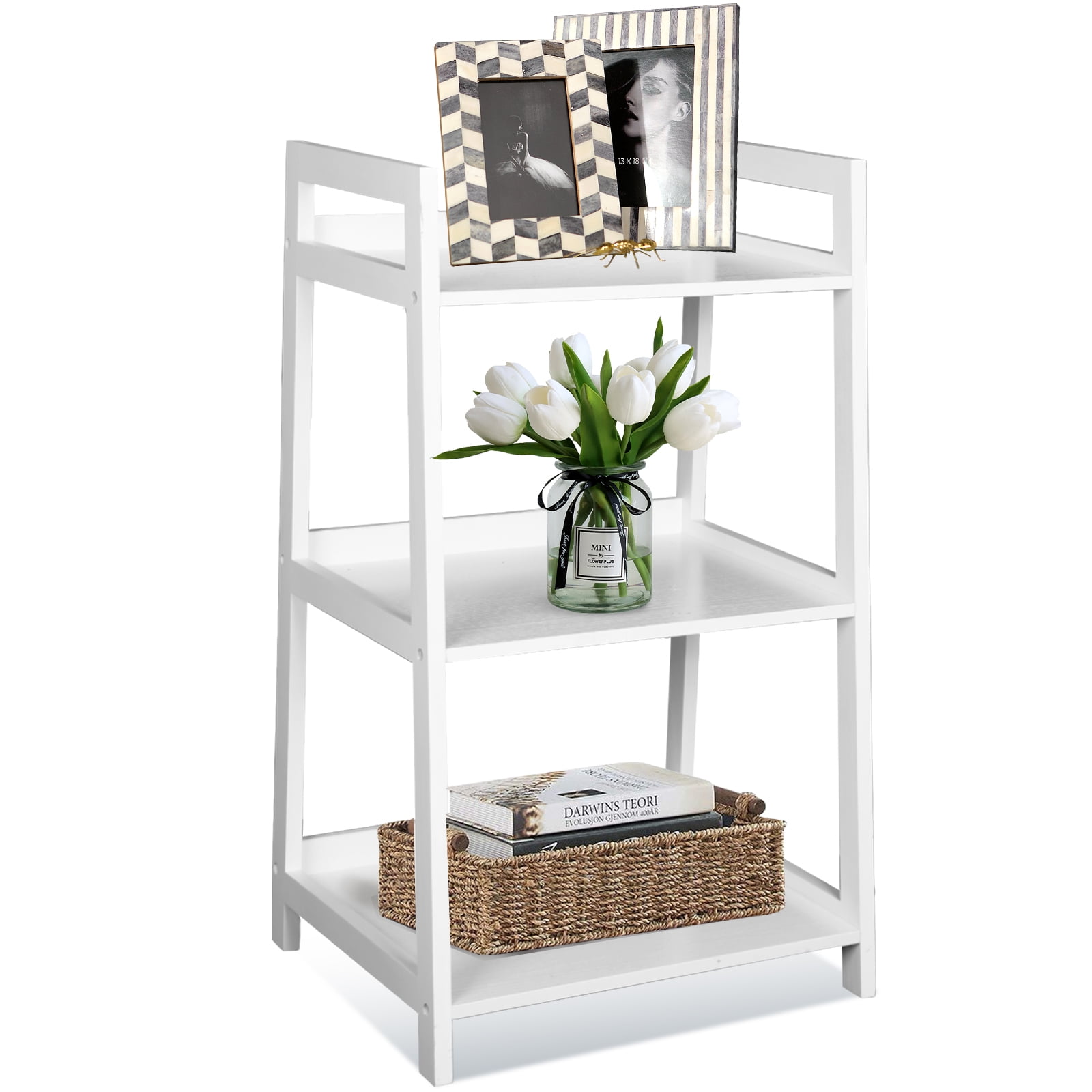 Fionafurn 3 Tier Ladder Bookshelf, Wood Open Display Shelf Storage ...