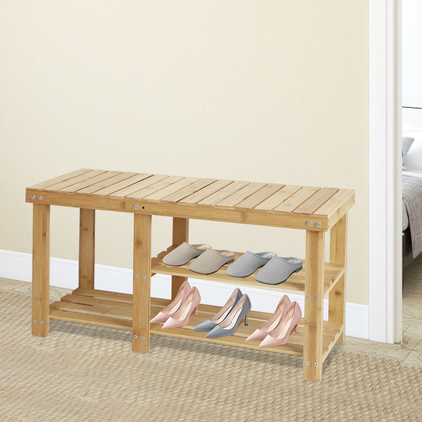 Fionafurn 33.5" Bamboo Shoe Bench 3-Tier Shoe Storage Rack Organizer ...