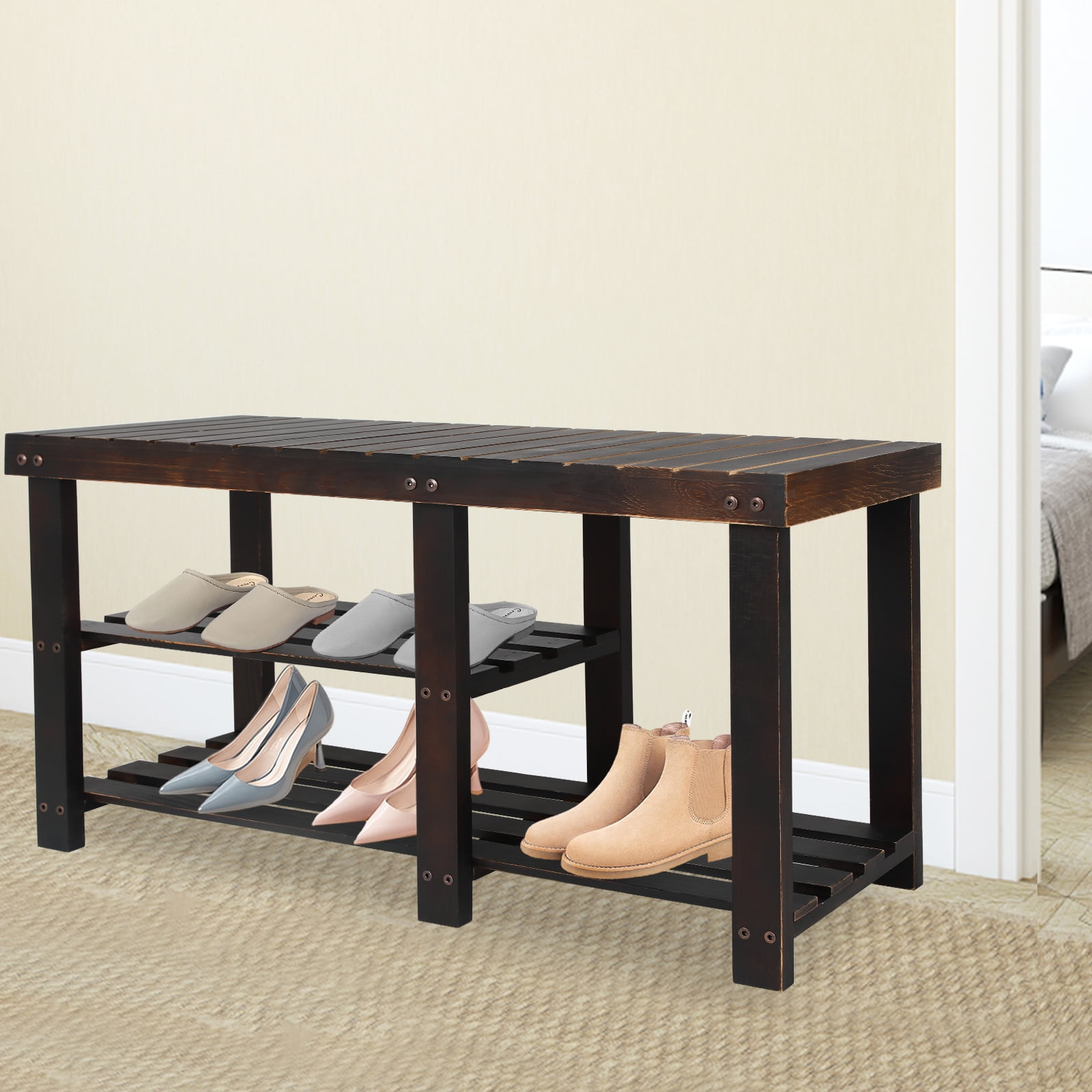 Fionafurn 33.5" Solid Wood Shoe Bench 3-Tier Shoe Storage Rack ...