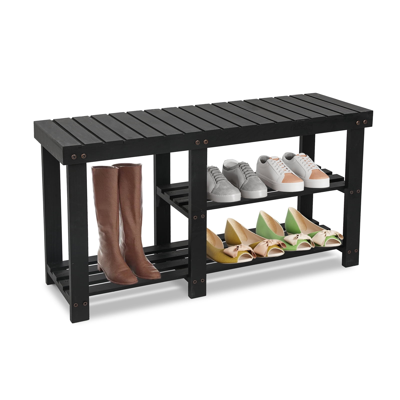 Fionafurn 33.6" Wood 3-Tier Shoe Rack Bench Freestanding Boots Storage ...