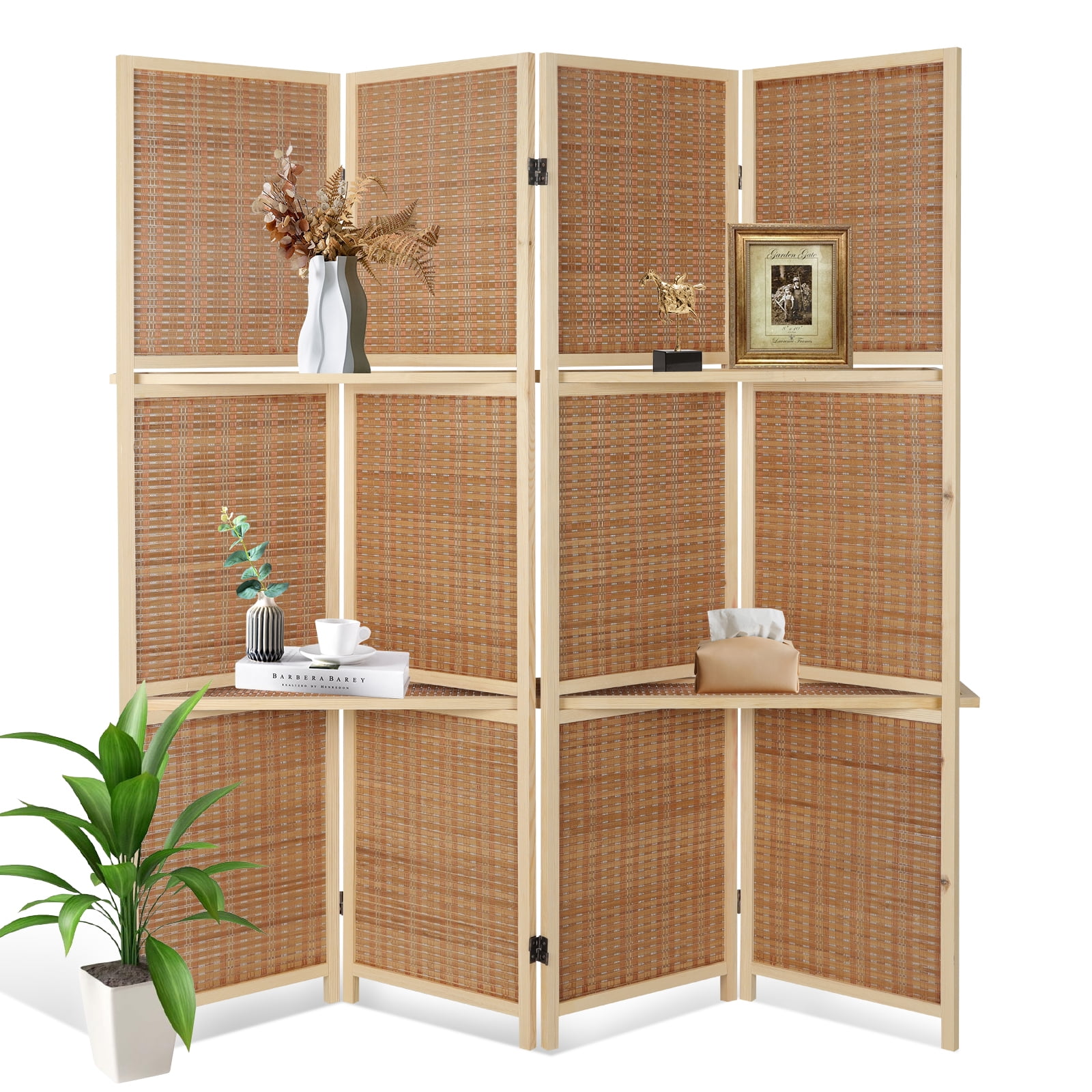 Fionafurn 4 Panel Bamboo Woven Room Divider with Display Shelves ...