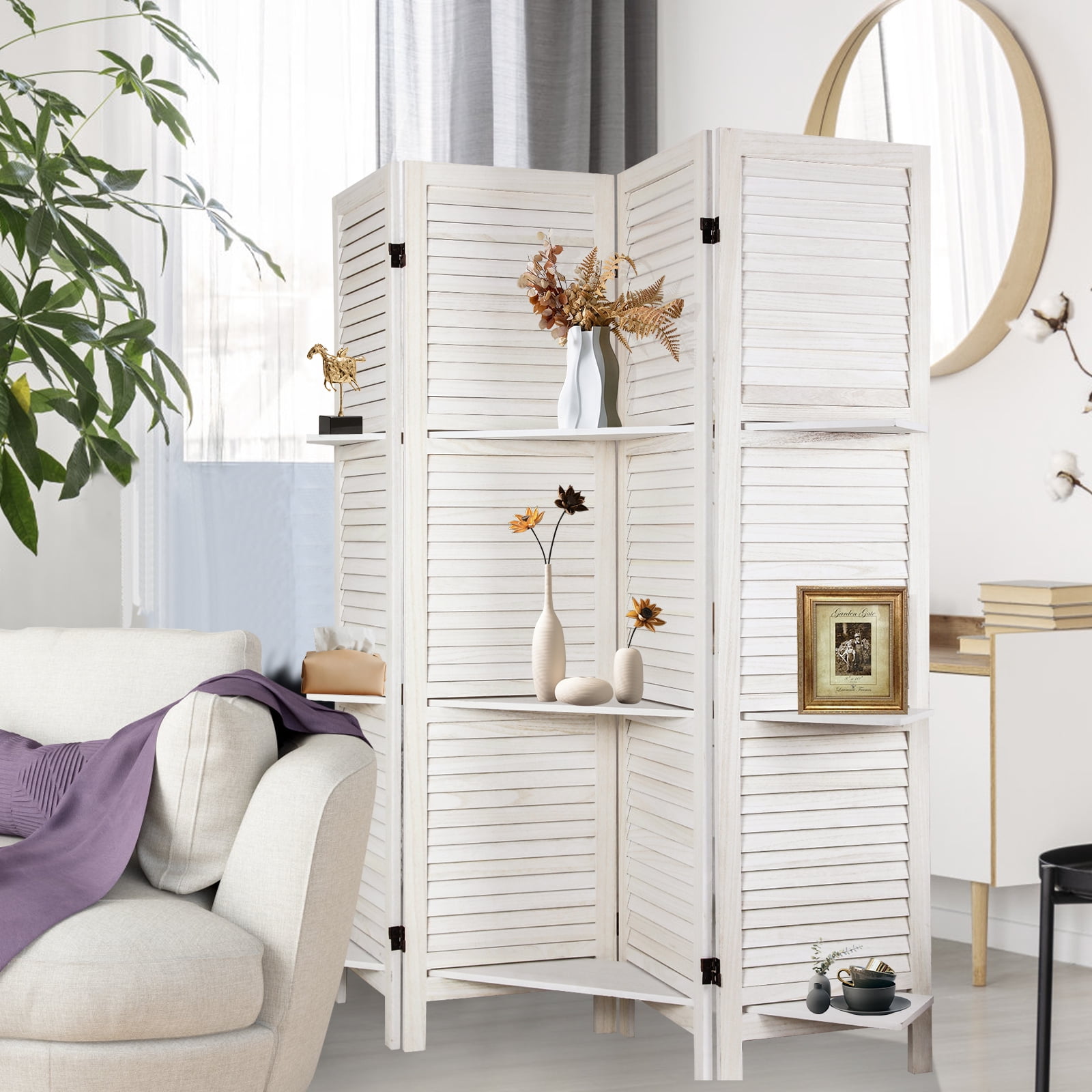 Fionafurn 4-Panel Room Divider 67" Tall Platane Wood Louver Folding ...