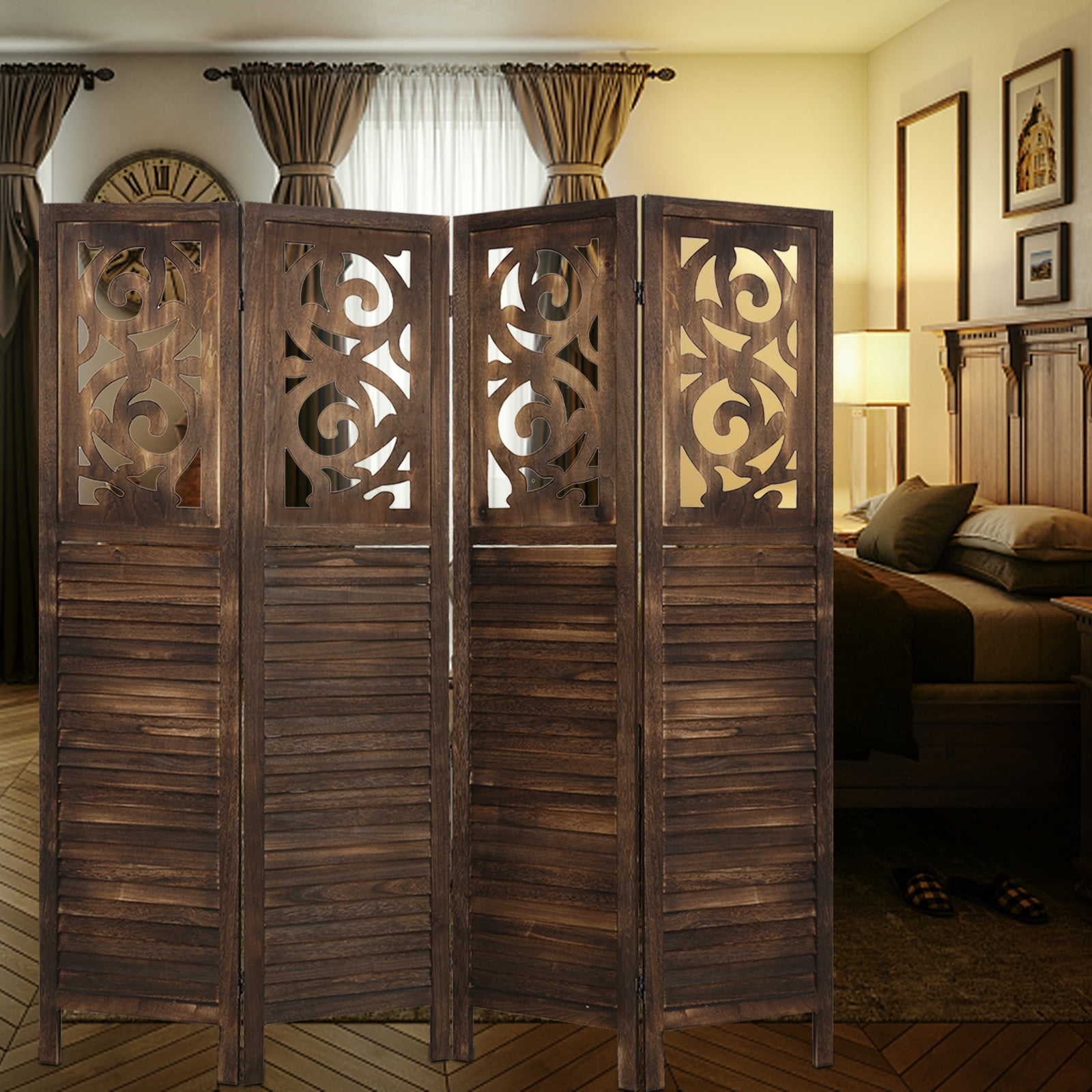Fionafurn Home Wood Tall 4 Panel Room Divider, Hollow Carved Folding ...