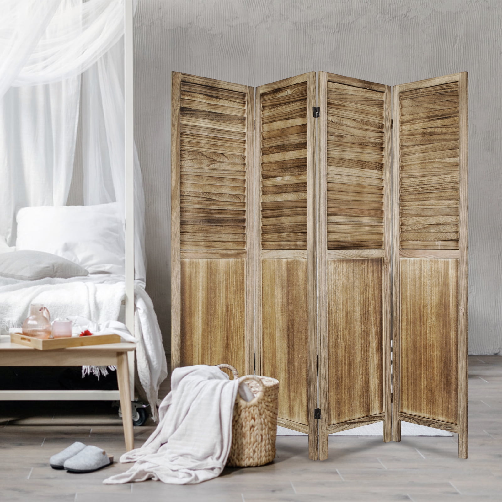 Fionafurn 4-Panel Room Divider Platane Wood Folding Louver Privacy ...