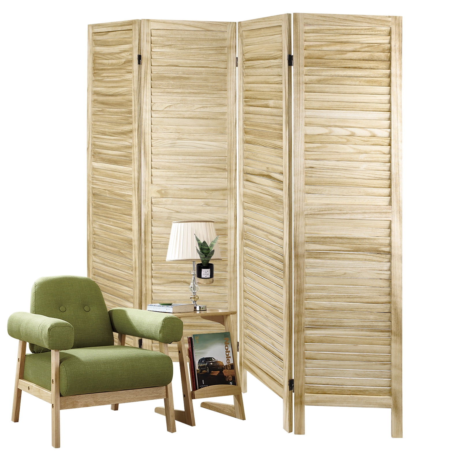 Fionafurn 4-Panel Room Divider Platane Wood Folding Louver Privacy ...