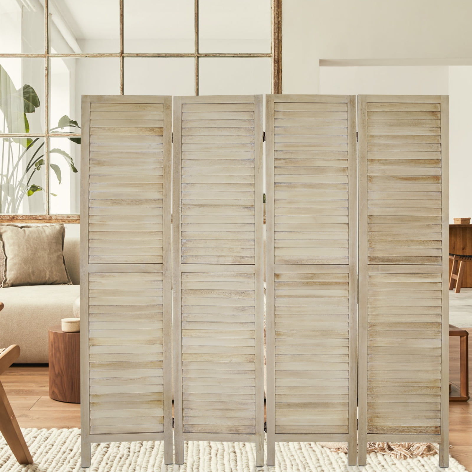 Fionafurn 4-Panel Room Divider Platane Wood Folding Louver Privacy ...