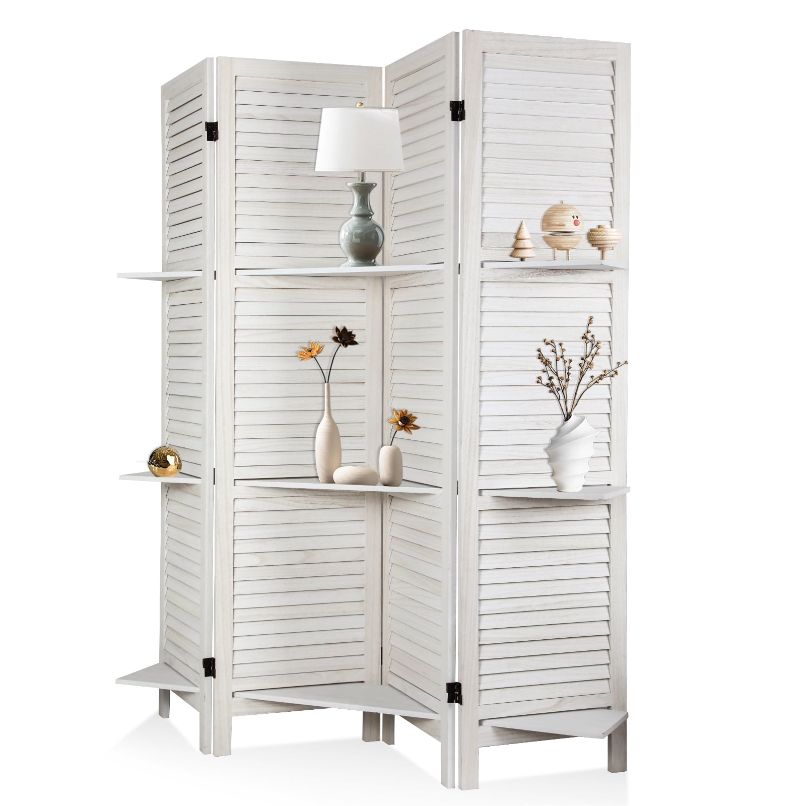 Fionafurn 4 Panel Room Divider with Display Shelves Wood Louver-Design ...