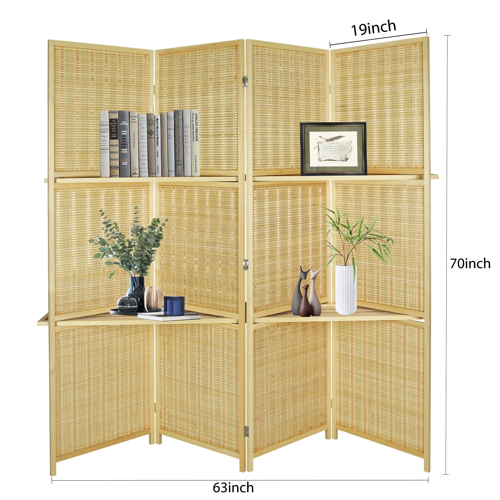 Fionafurn 4 Panel Room Divider,with Removable Storage Shelves,Bamboo ...