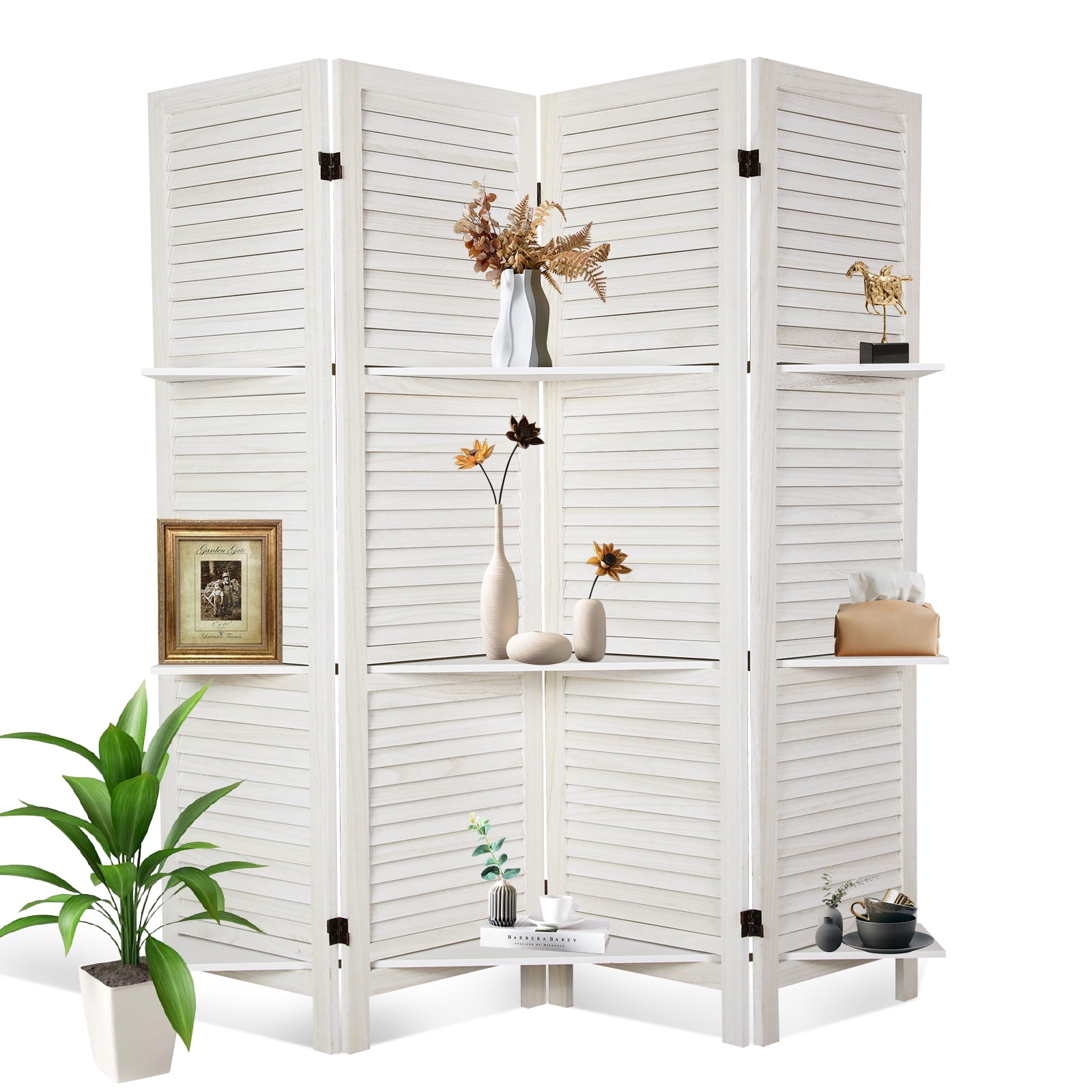 Fionafurn 4 Panel Room Divider, with Removable Storage Shelves,Wooden ...