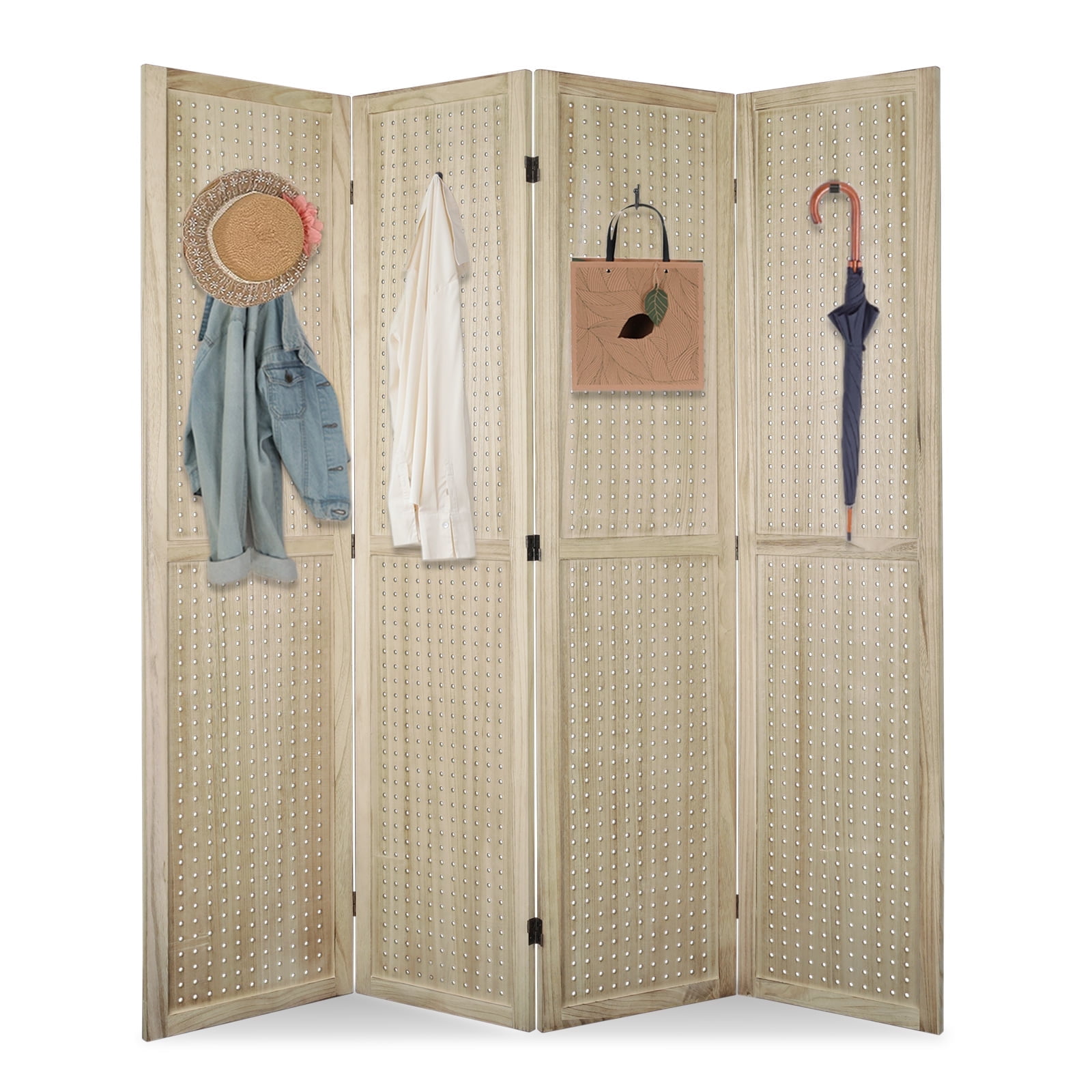 Fionafurn 67in H 4-Panel Wood Foldable Partition Room Divider Peg Board ...