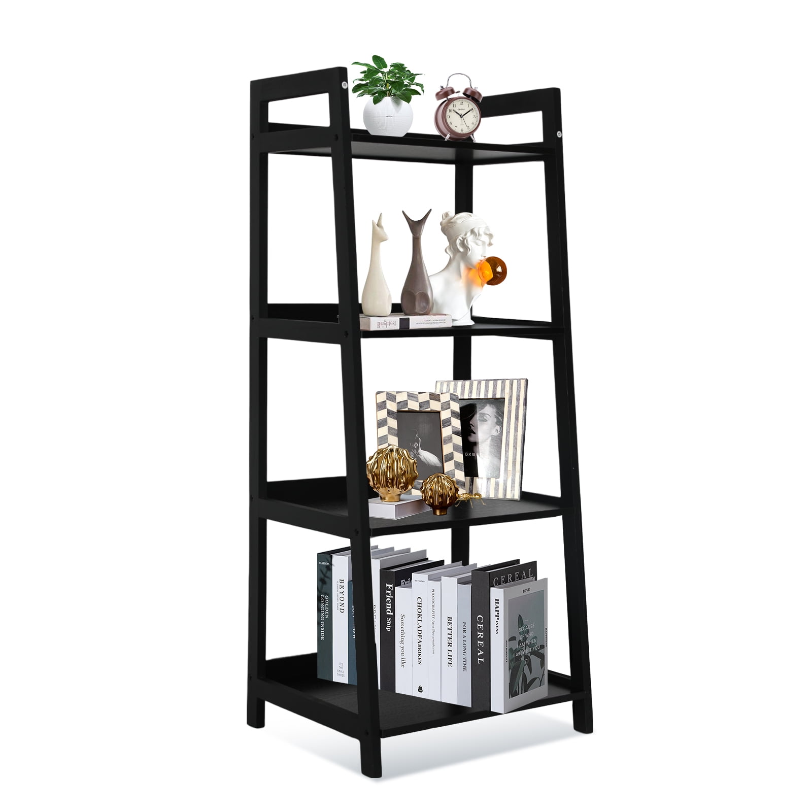 Fionafurn Leaning Narrow 4 Tier Ladder Bookshelf, Wooden Open Display ...