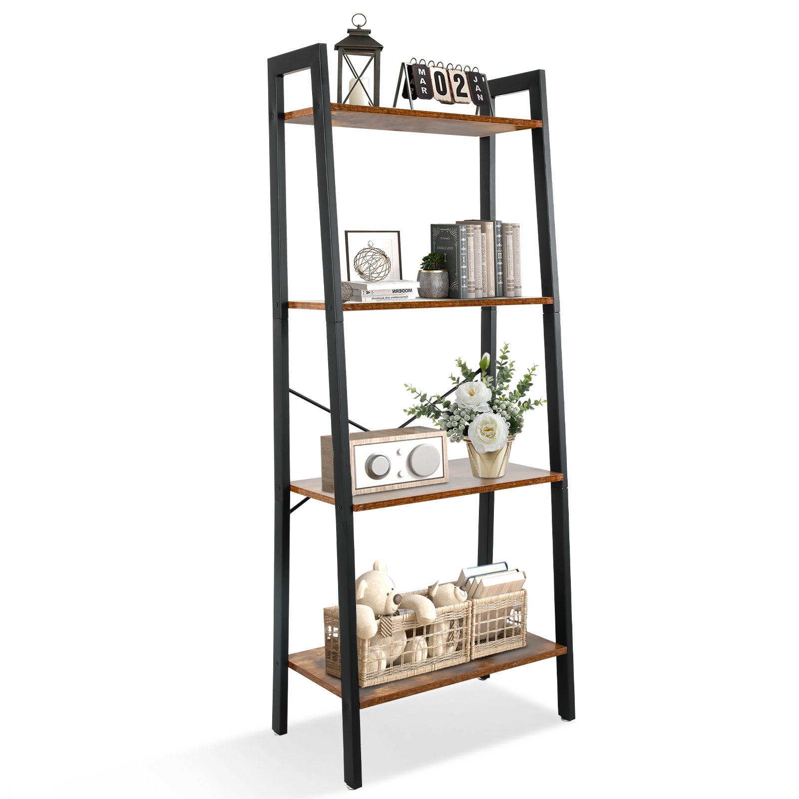 Fionafurn 4-Tier Ladder Shelf Bookshelf Open Storage Rack with Metal ...