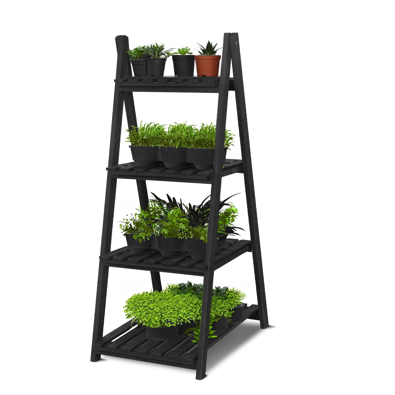 Fionafurn 4-Tier Black Tung Wood Foldable Ladder Shelf with Open ...