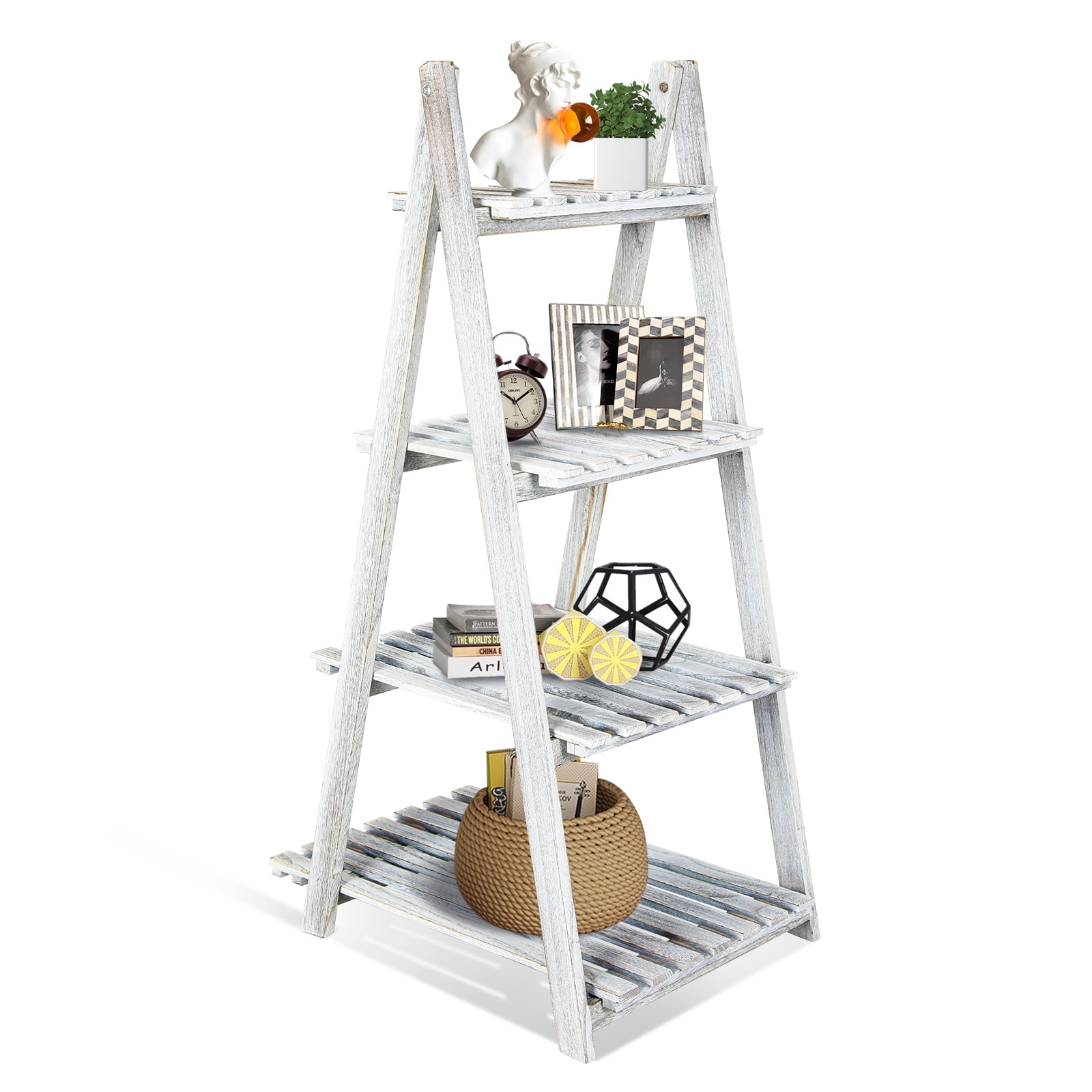 Fionafurn 4-Tier Ladder Shelf, Wooden Plant Stand Shelf, Foldable ...