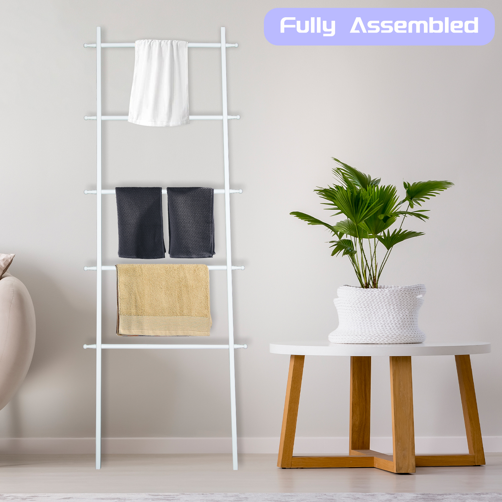Fionafurn 5.3FT Wall Leaning Blanket Ladder, 5-Tier Wooden Farmhouse ...