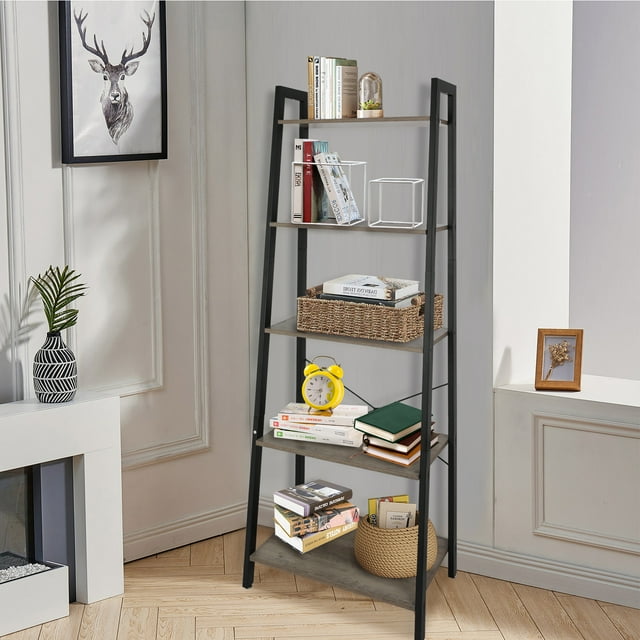 Fionafurn 5-Tier Freestanding Wood Ladder Bookshelf, Bookcase Leaning ...