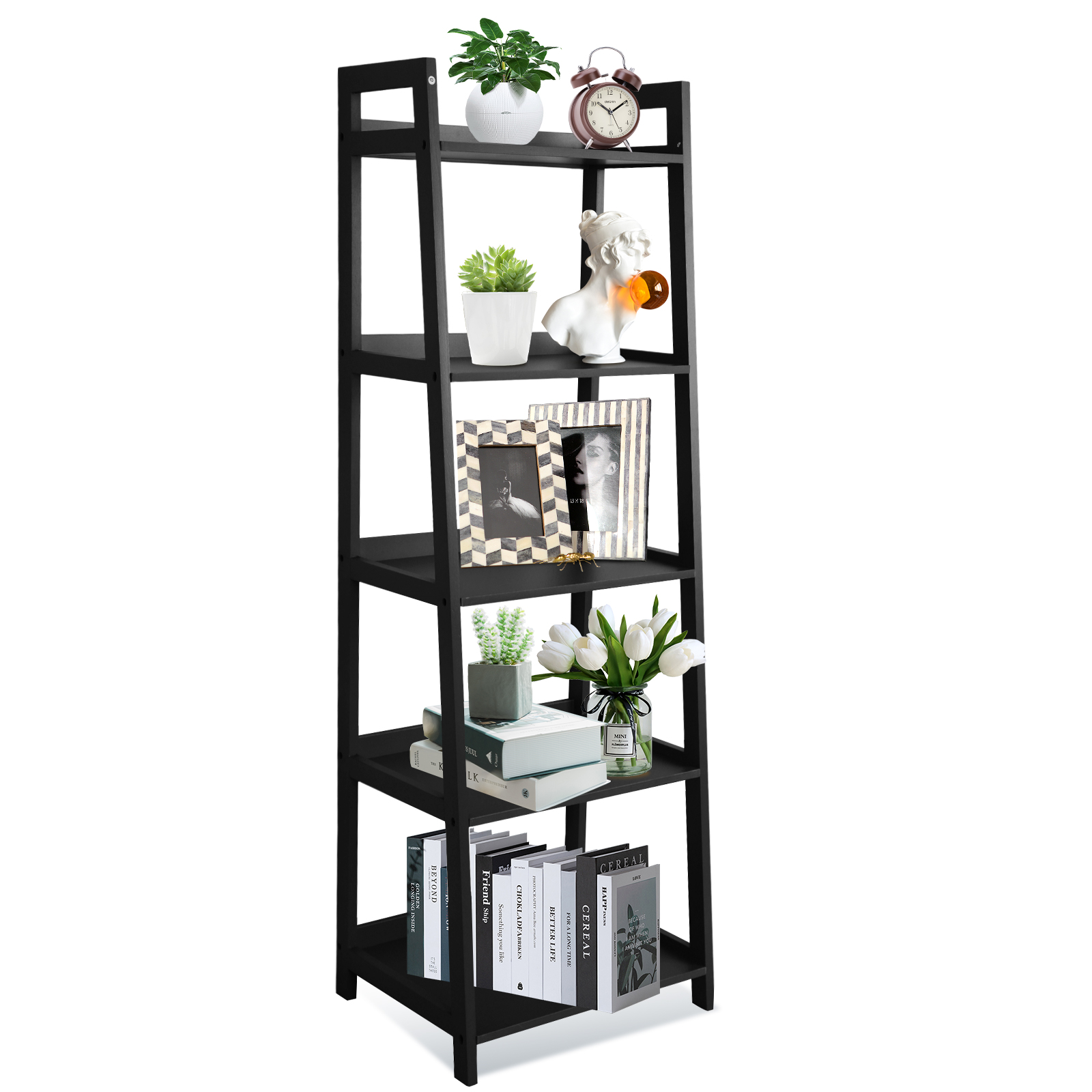Fionafurn 5 Tier Leaning Bookcase, Tall Wooden Shelf for Living Room ...