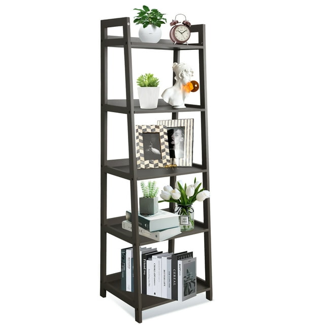 Fionafurn 5 Tier Ladder Bookshelf, Wood Open Display Shelf Storage ...