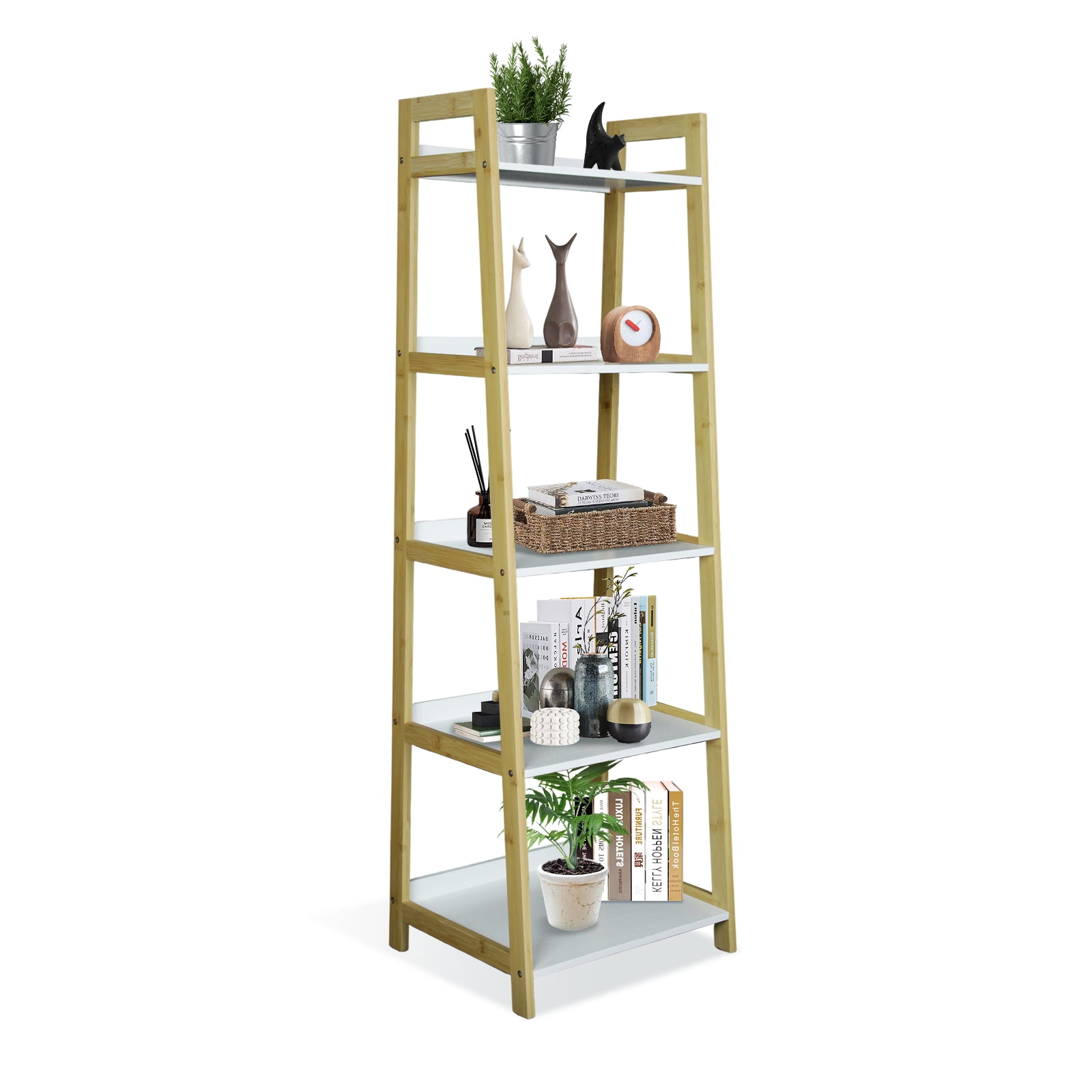 Fionafurn 5 Tier Ladder Bookshelf, Tall Wood Display Shelf Organizer ...