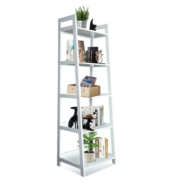Fionafurn Tall Leaning 5-Tier Ladder Bookcase, Wood Open Display ...