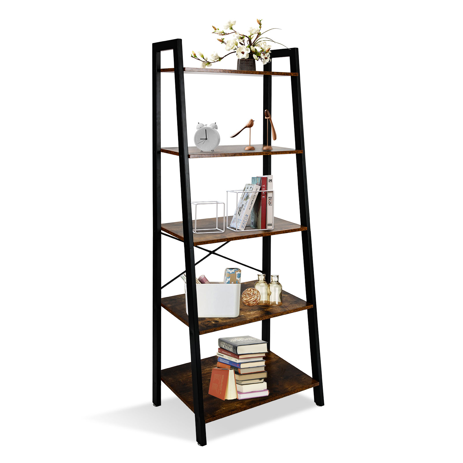 Fionafurn 5-Tier Ladder Shelf Bookshelf Open Storage Rack with Metal ...
