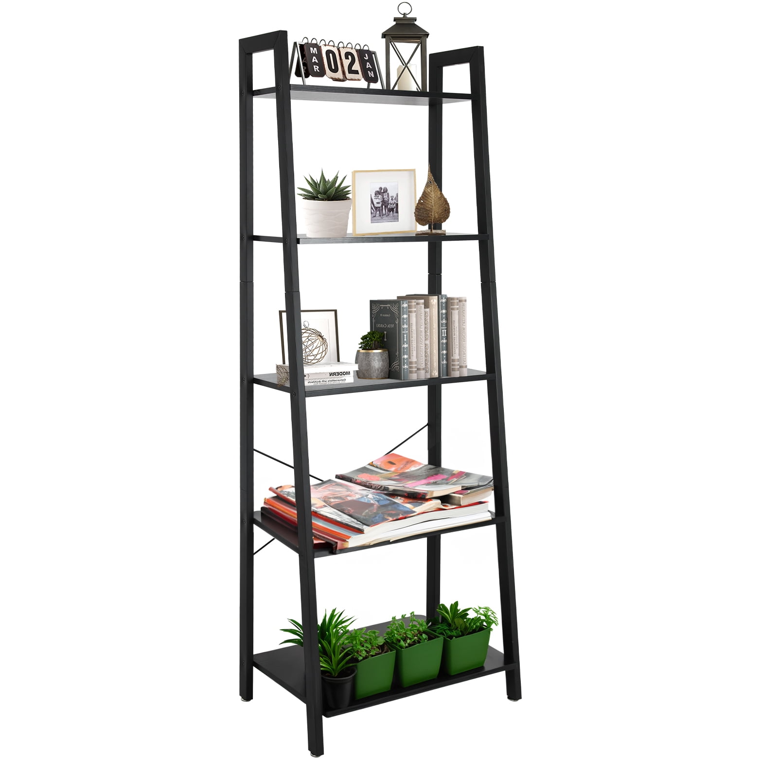 Fionafurn 5 Tier Ladder Shelf Bookshelf Open Storage Rack with Metal ...