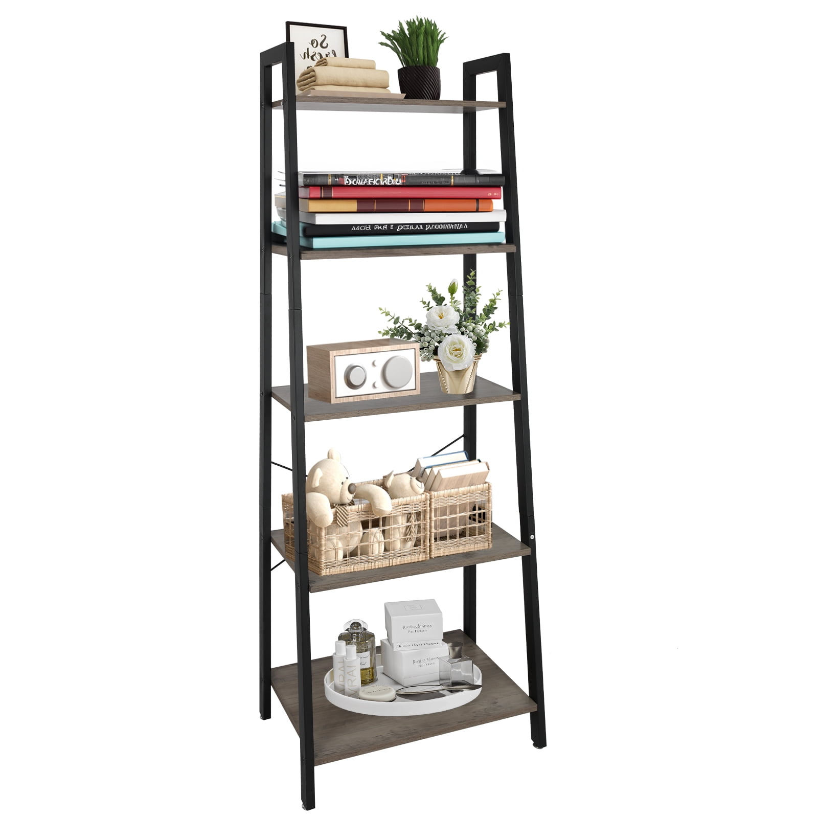 Fionafurn 5 Tier Ladder Shelf Bookshelf Open Storage Rack with Metal ...