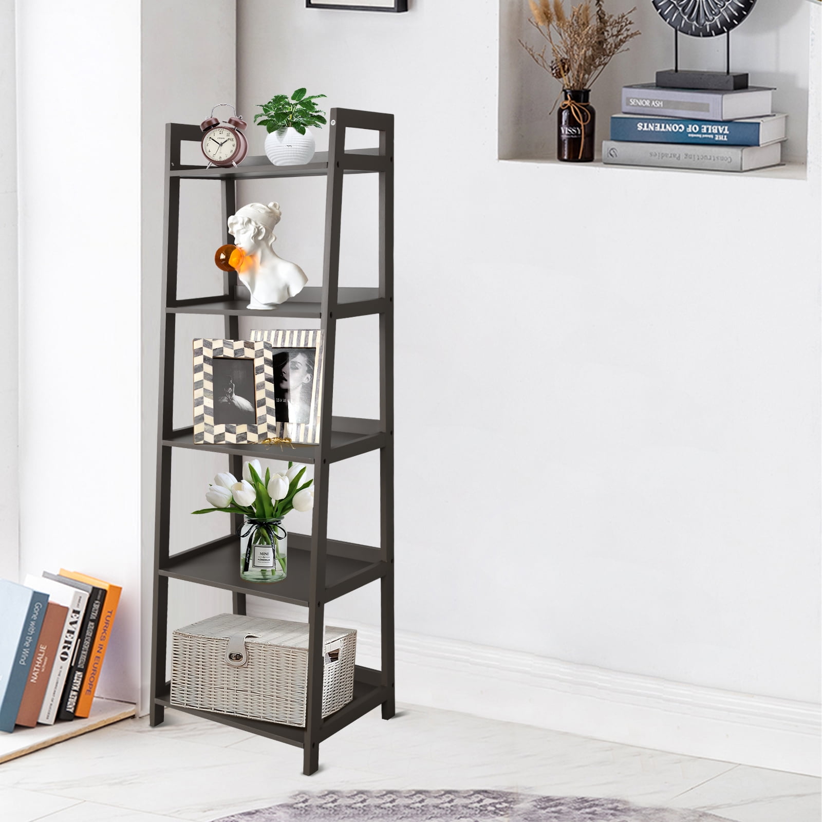 Fionafurn 5-Tier Ladder Shelf, Pine Plant Stand for Living room Balcony ...