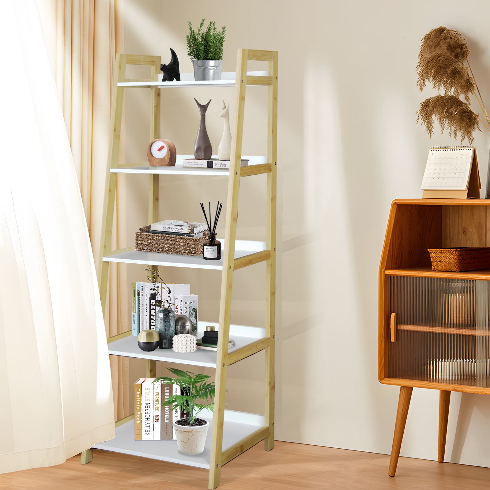 Fionafurn 5-Tier Ladder Shelf, Pine Plant Stand for Living room Balcony ...