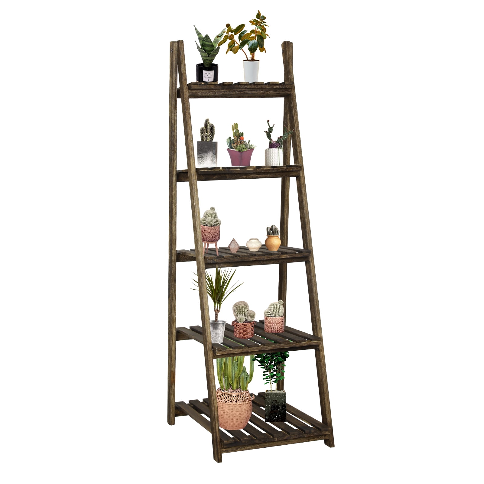 Fionafurn 5-Tier Ladder Shelf, Wooden Plant Stand, Foldable Storage ...