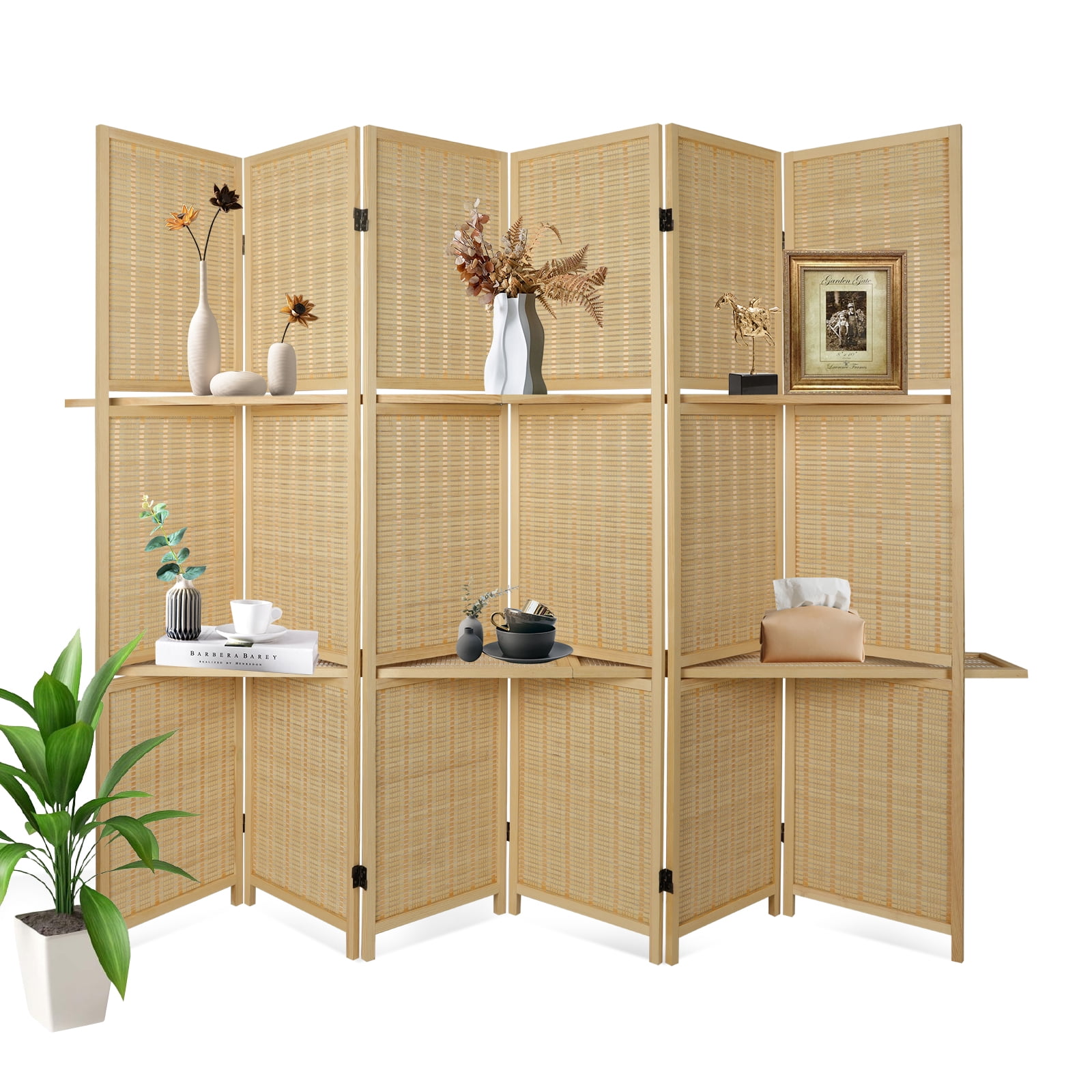 Fionafurn 6 Panel Bamboo Woven Room Divider with Display Shelves ...