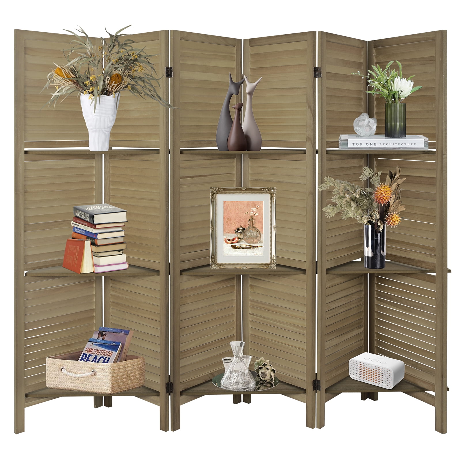 Fionafurn 6 Panel Louvered Room Divider with Display Shelves Folding ...