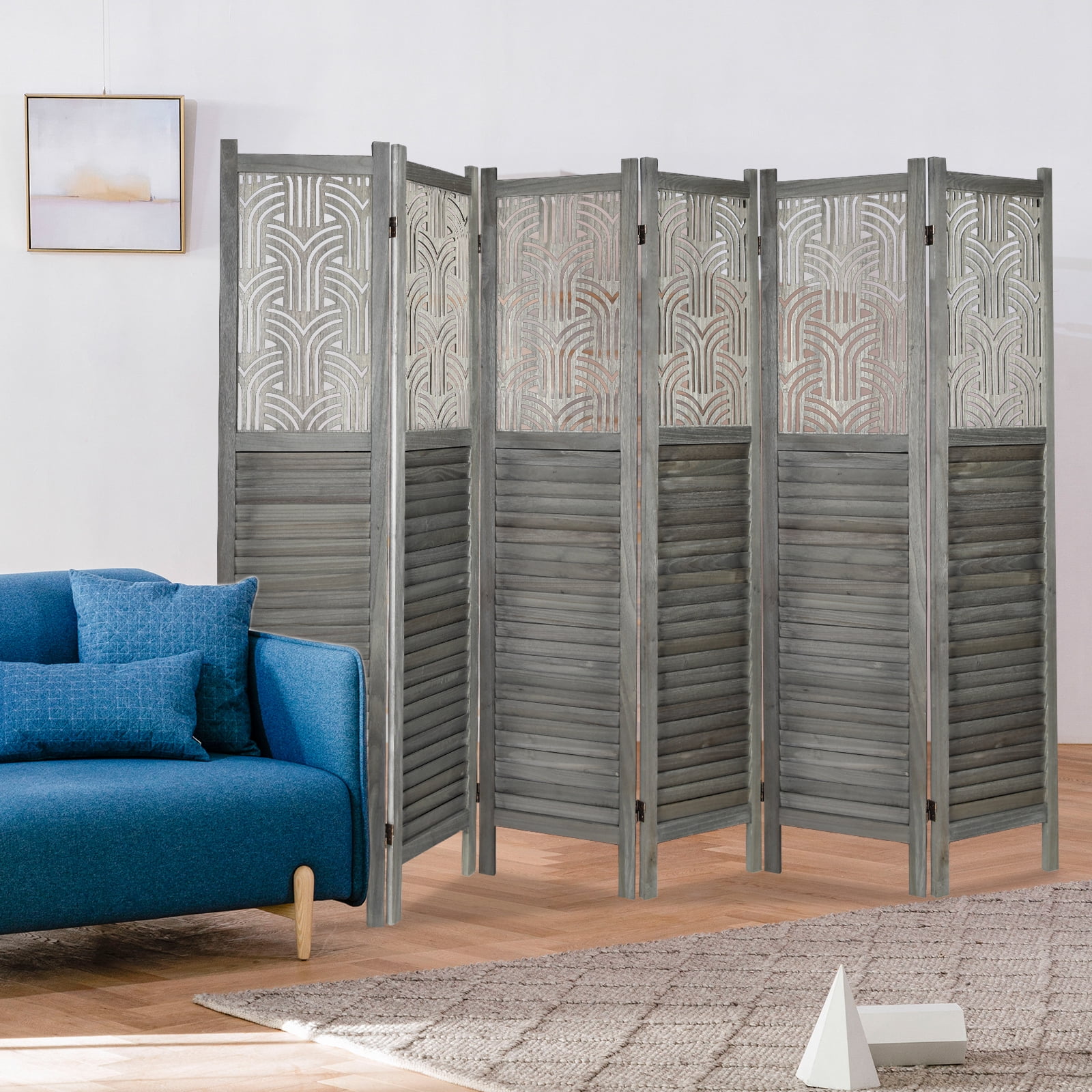 Fionafurn 6 Panel Room Divider, Hollow Carved Wood Privacy Screen, Gray ...
