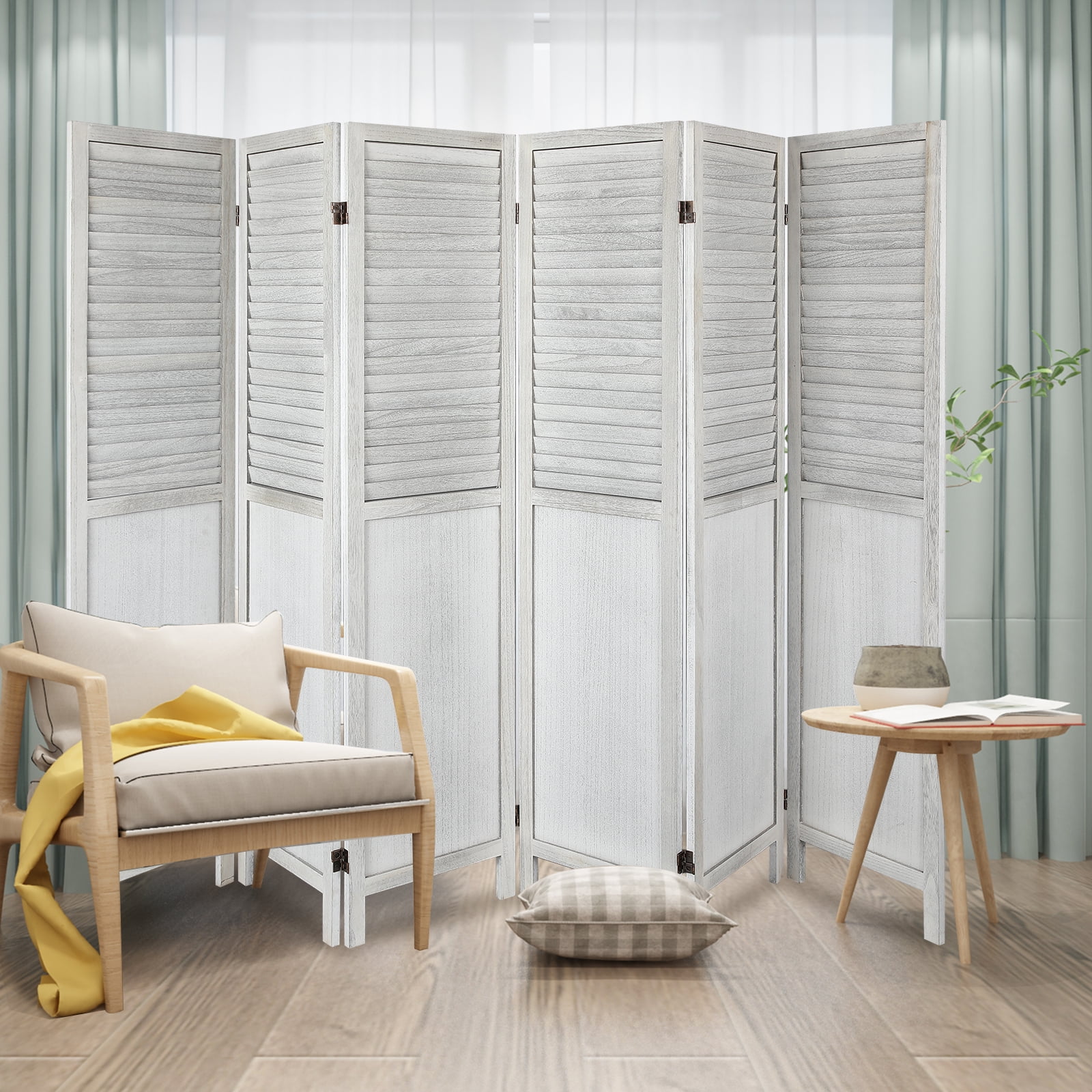 Fionafurn 6-Panel Room Divider Platane Wood Folding Louver Privacy ...