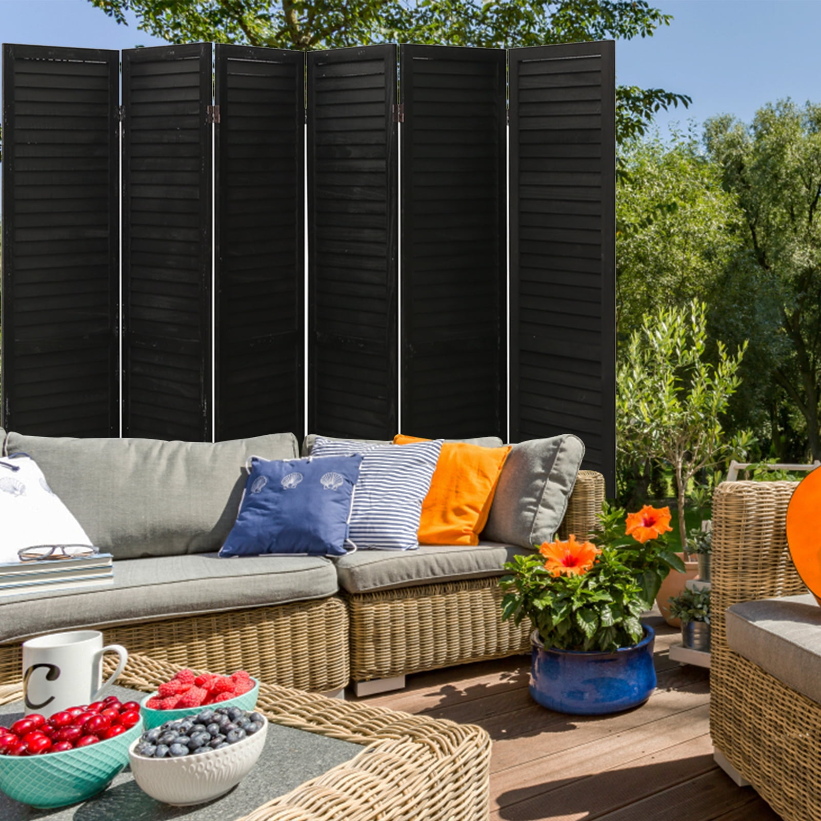 Fionafurn 6-Panel Room Divider Platane Wood Folding Louver Privacy ...
