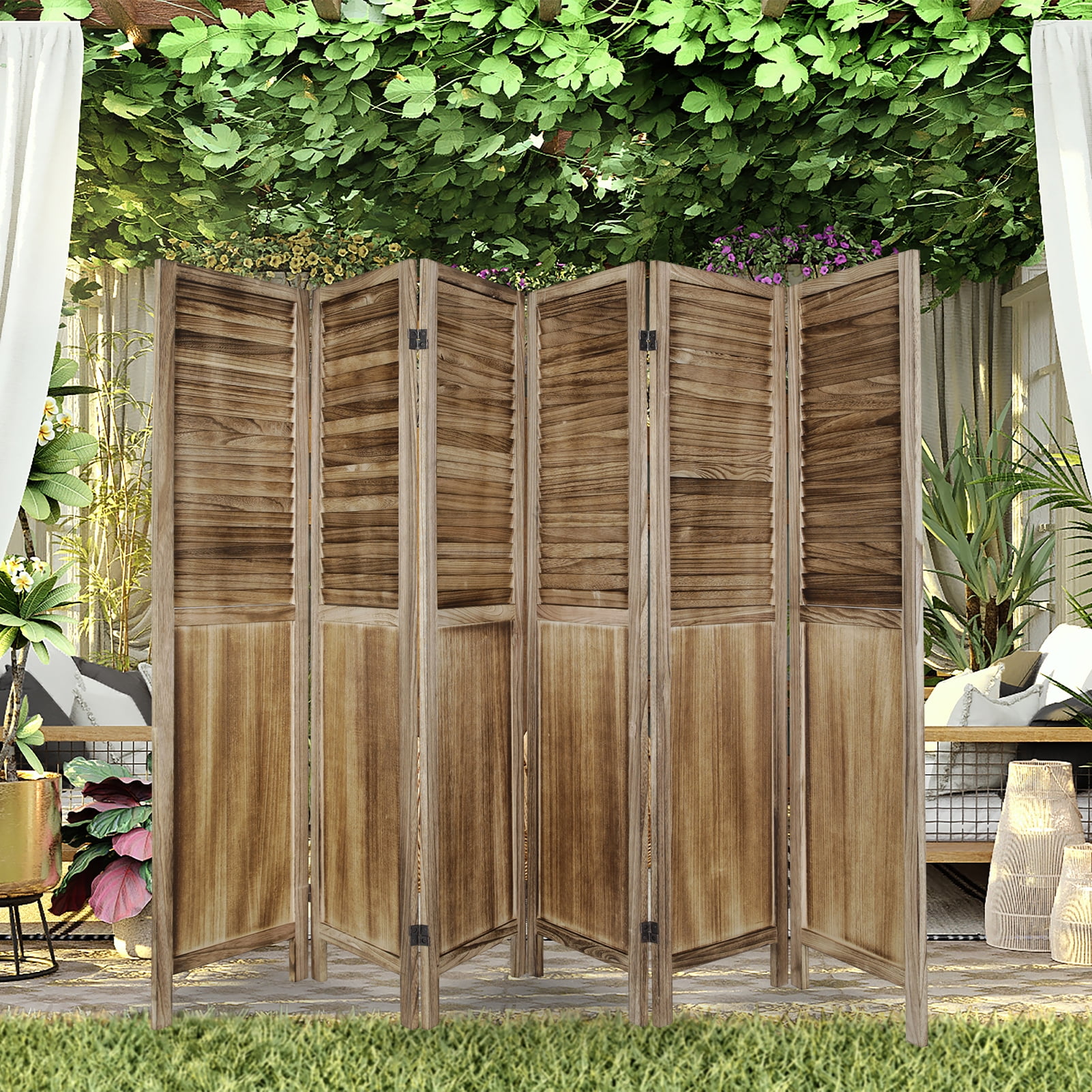 Fionafurn 6-Panel Room Divider Platane Wood Folding Louver Privacy ...