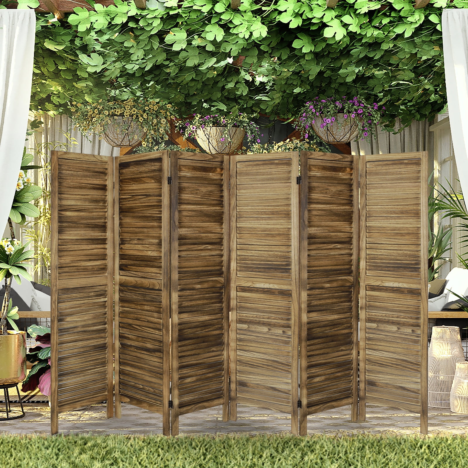 Fionafurn 6-Panel Room Divider Platane Wood Folding Louver Privacy ...