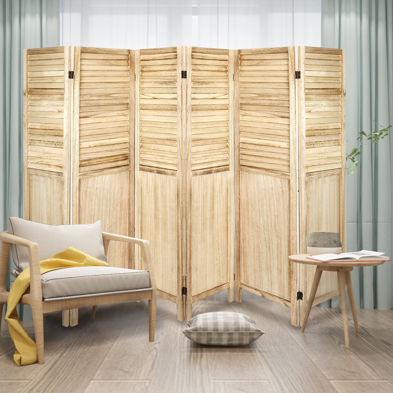 Fionafurn 6-Panel Room Divider Platane Wood Folding Louver Privacy ...