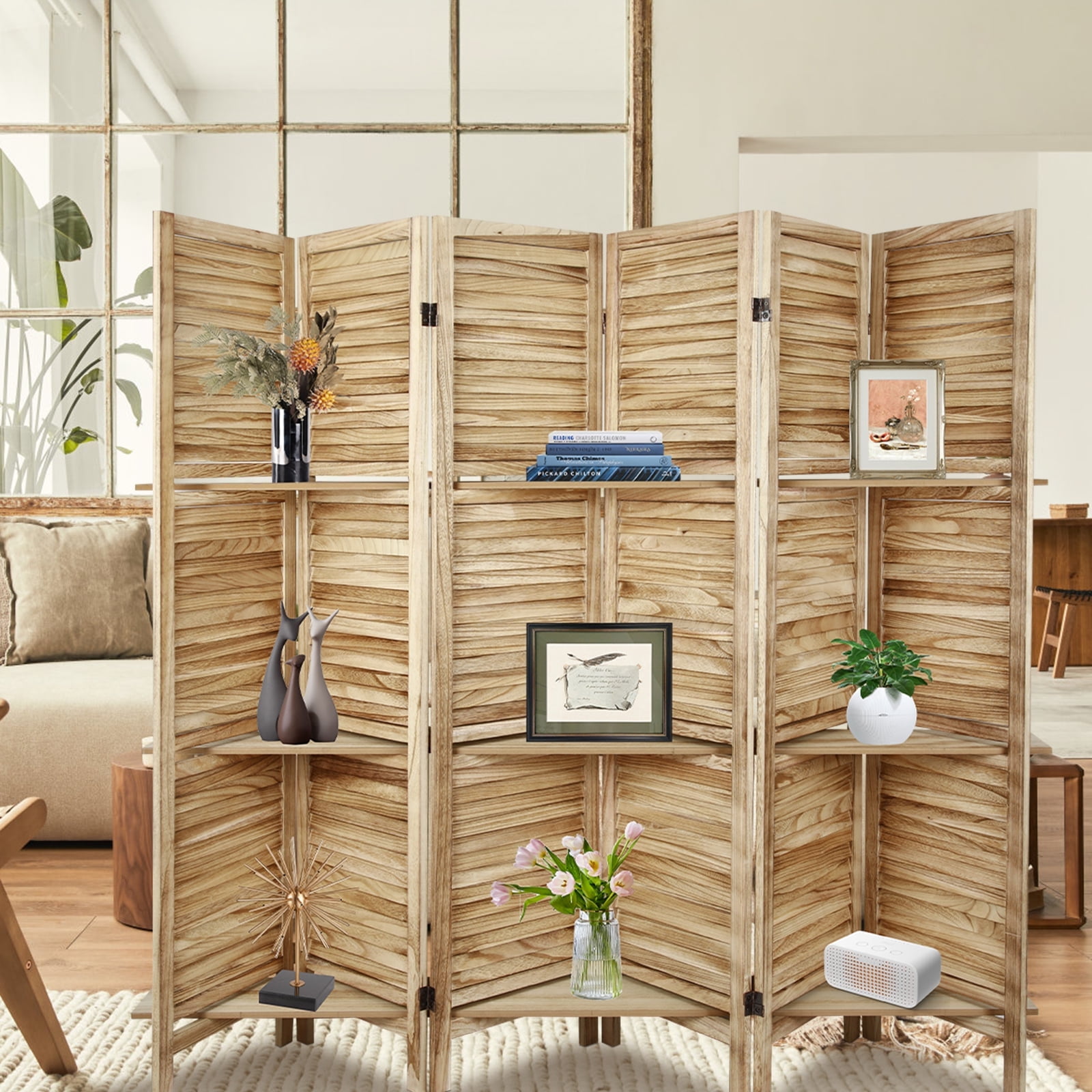 Fionafurn 6 Panel Room Divider,With 3 Display Shelves Detachable ...
