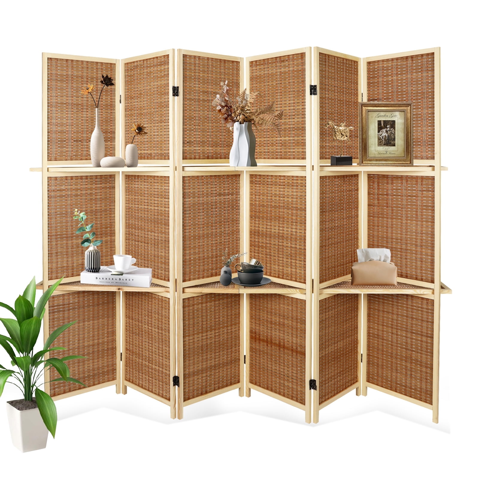 Fionafurn 6 Panel Room Divider,with Removable Storage Shelves,Bamboo ...