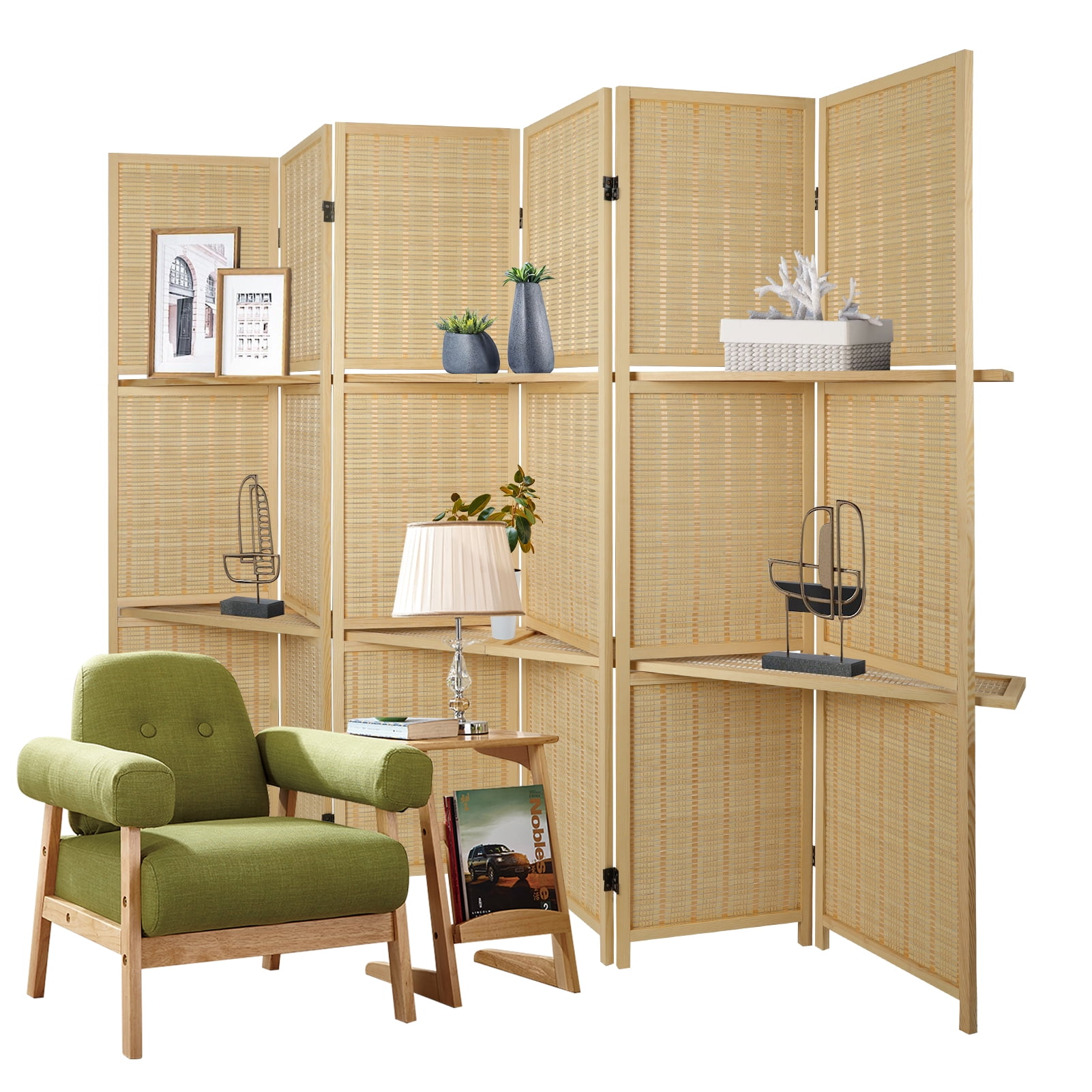 Fionafurn 6 Panel Room Divider,with Removable Storage Shelves,Bamboo ...